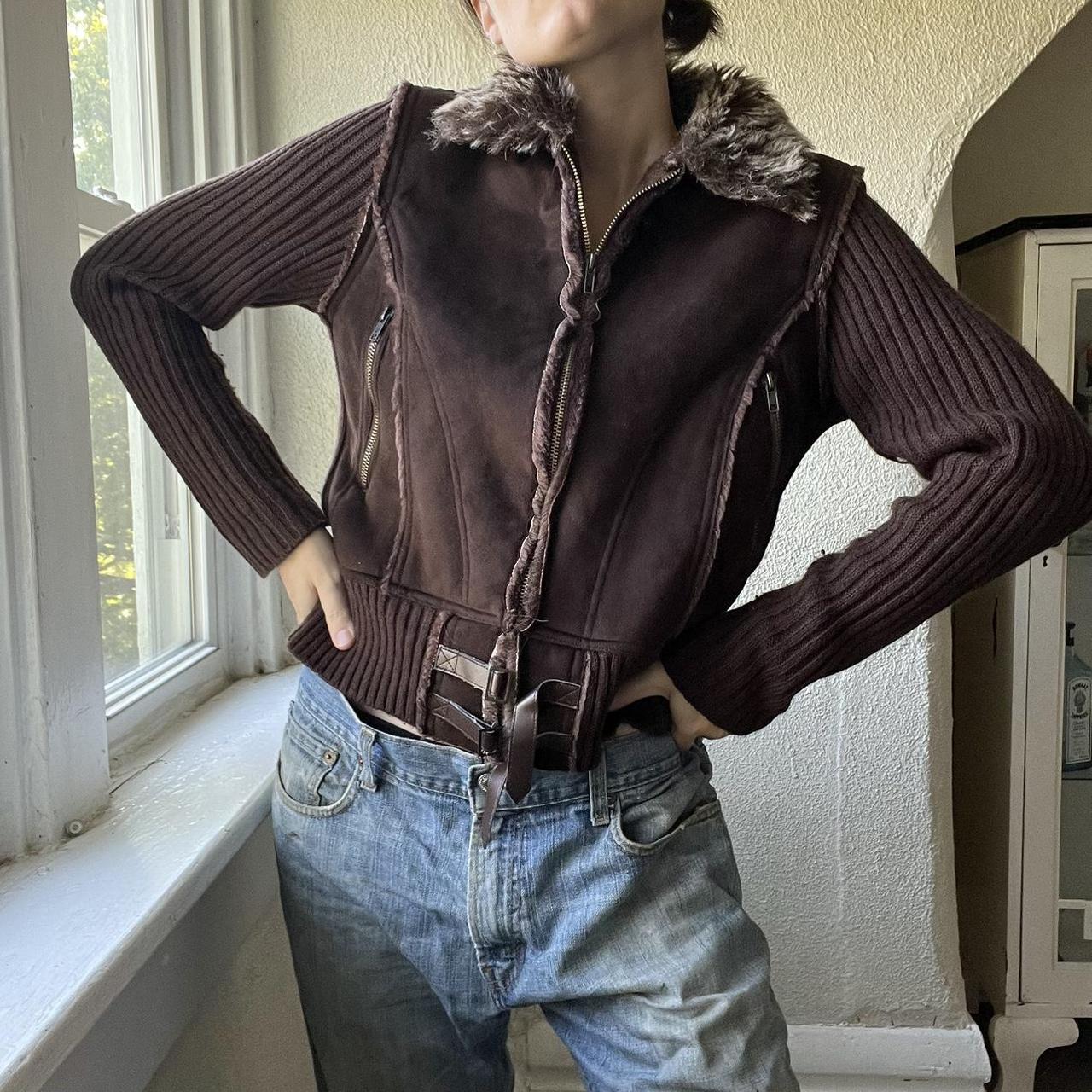 vintage say what? y2k brown faux fur lined sweater... - Depop