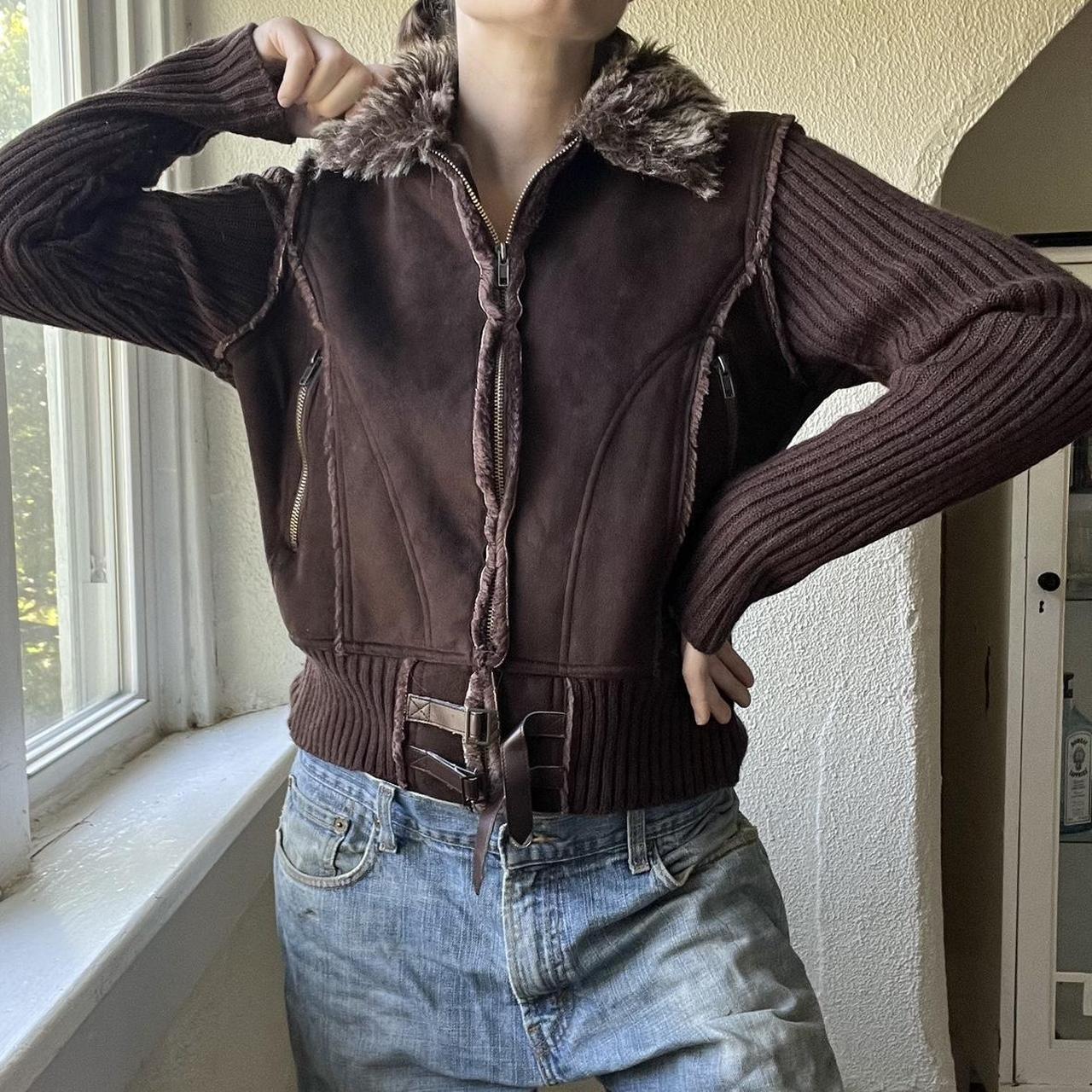 vintage say what? y2k brown faux fur lined sweater... - Depop