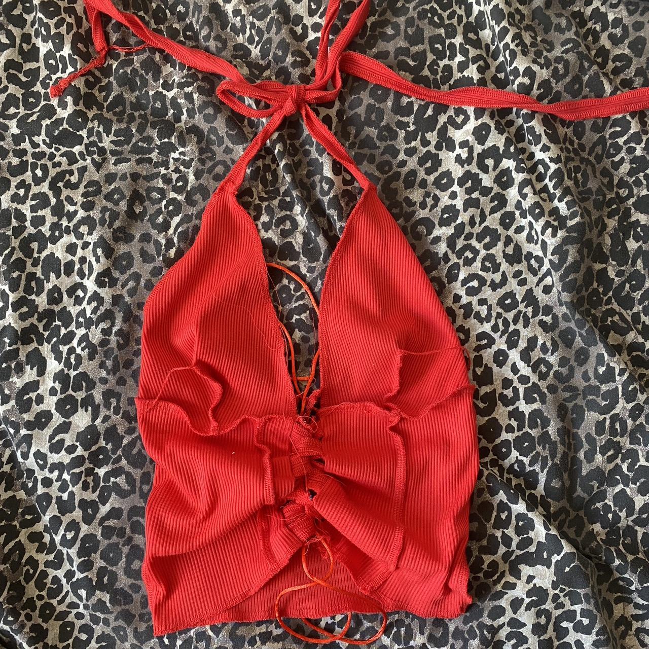 ribbed red halter neck type up corset top barely... - Depop