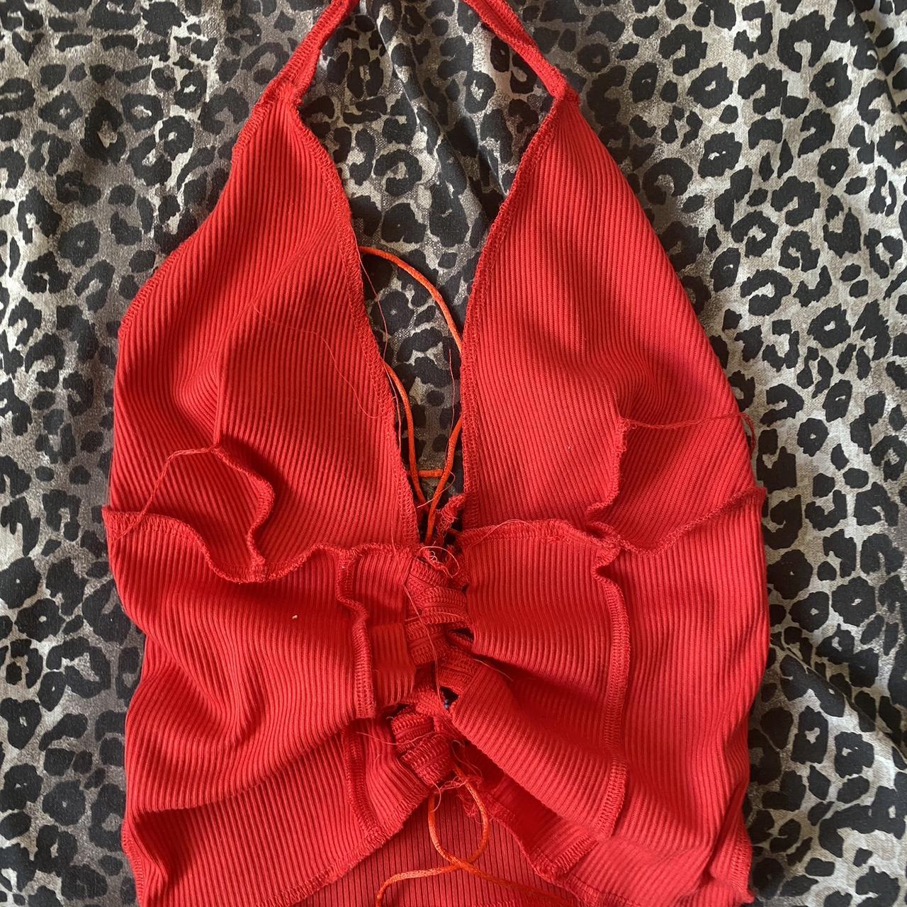 ribbed red halter neck type up corset top barely... - Depop