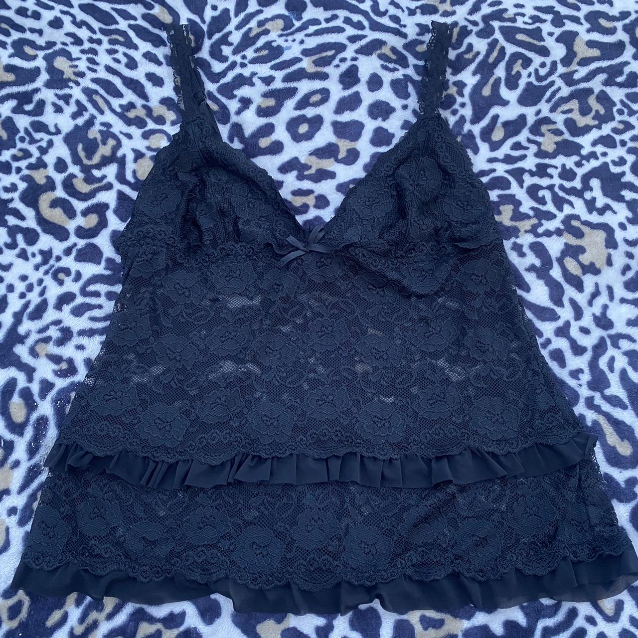 Black lace tank top with adjustable straps and a bow... - Depop
