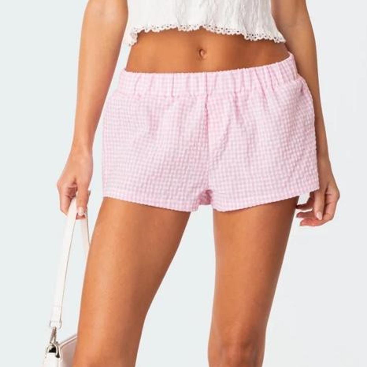 pink and white edikted gingham boxer shorts. size... - Depop