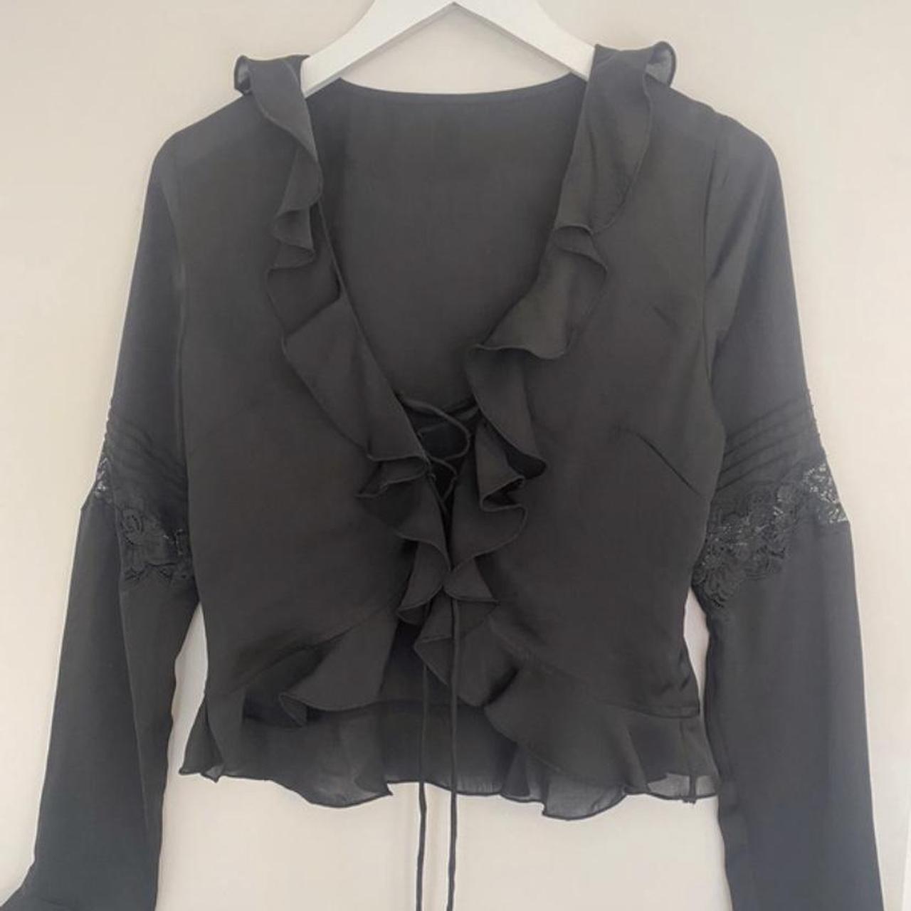 Gorgeous frill tie front top in black with angel... - Depop