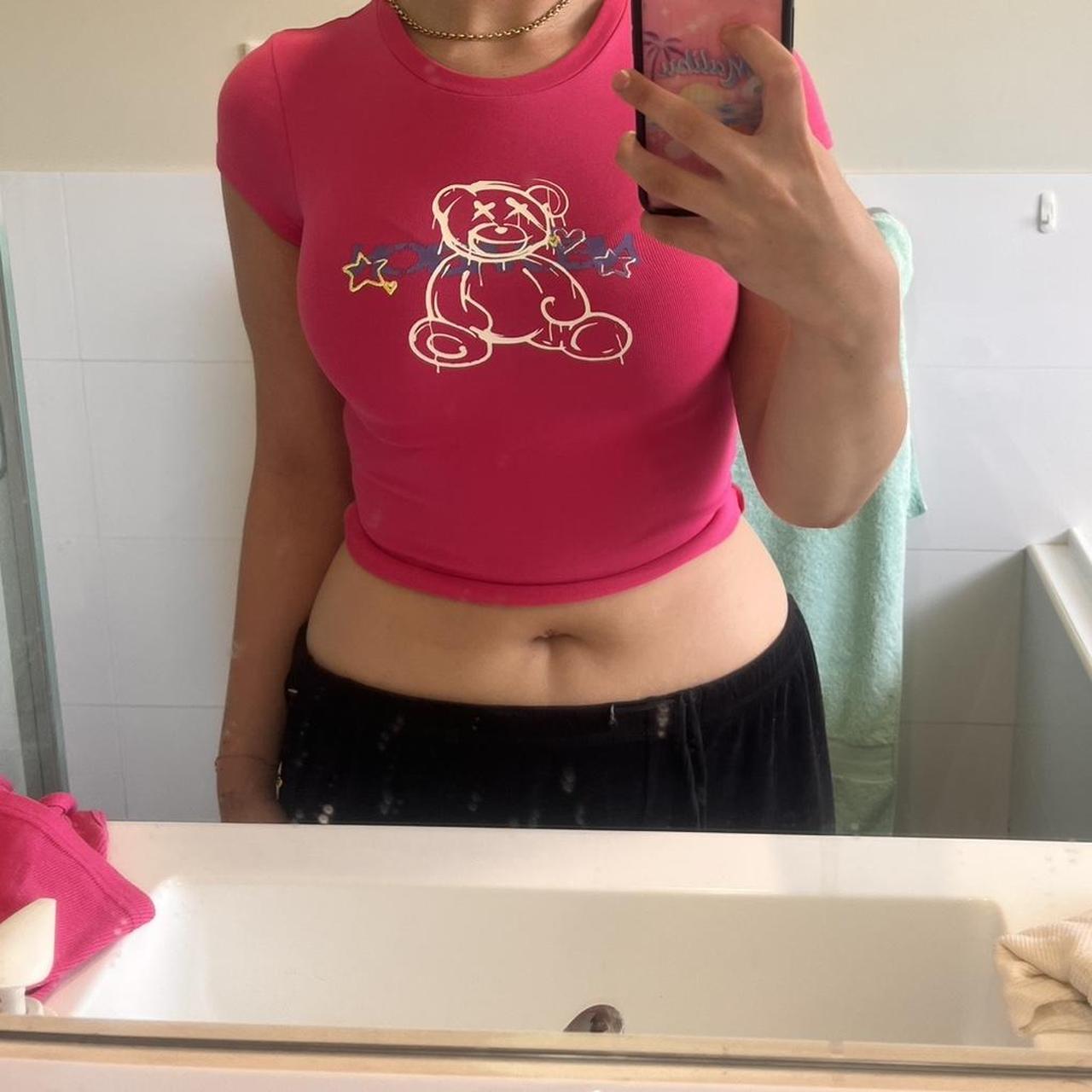 Super cool hot pink Neovision crop top with cute... | Depop