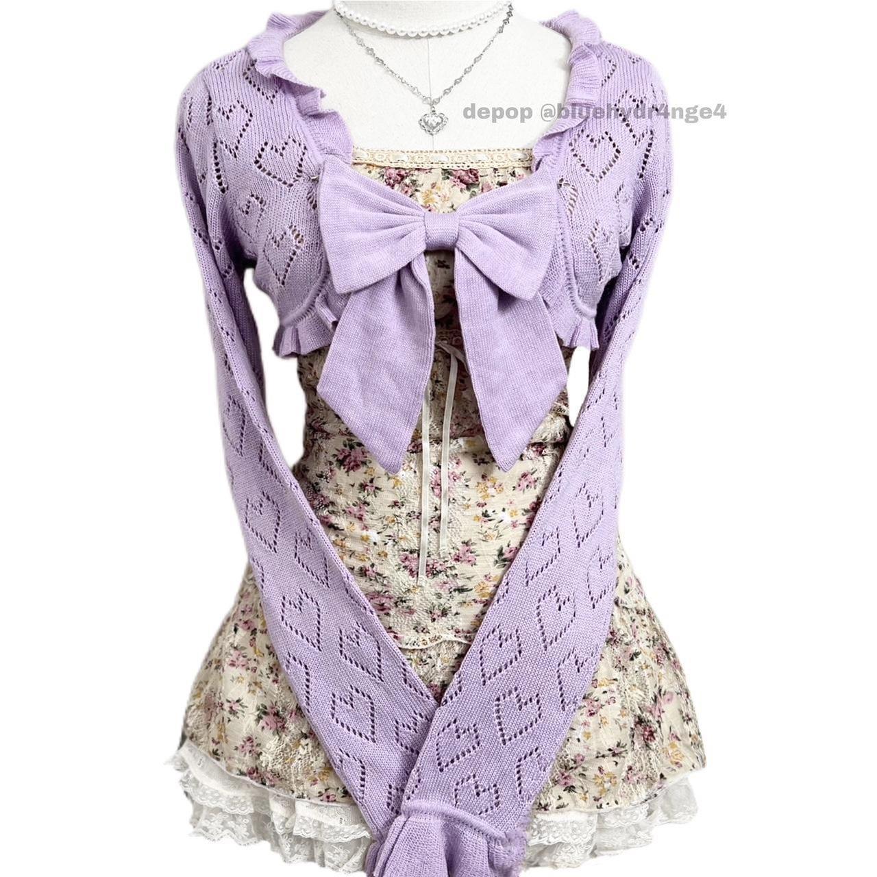 Light Purple Ruffle Heart Pointelle Knit Cropped... - Depop