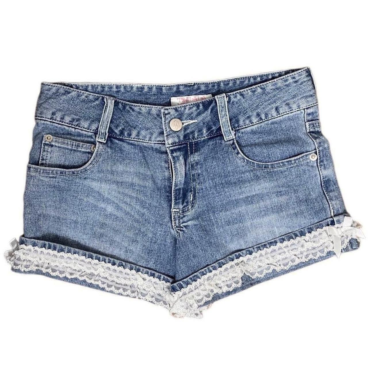 Denim Frill Lace Ribbon Lined Micro Mini Shorts with... - Depop