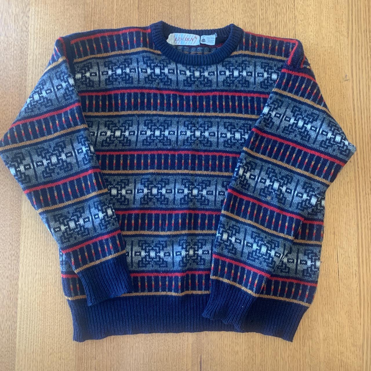 Retro Knitted LINCOLN Patterned Sweatshirt | Navy/... - Depop