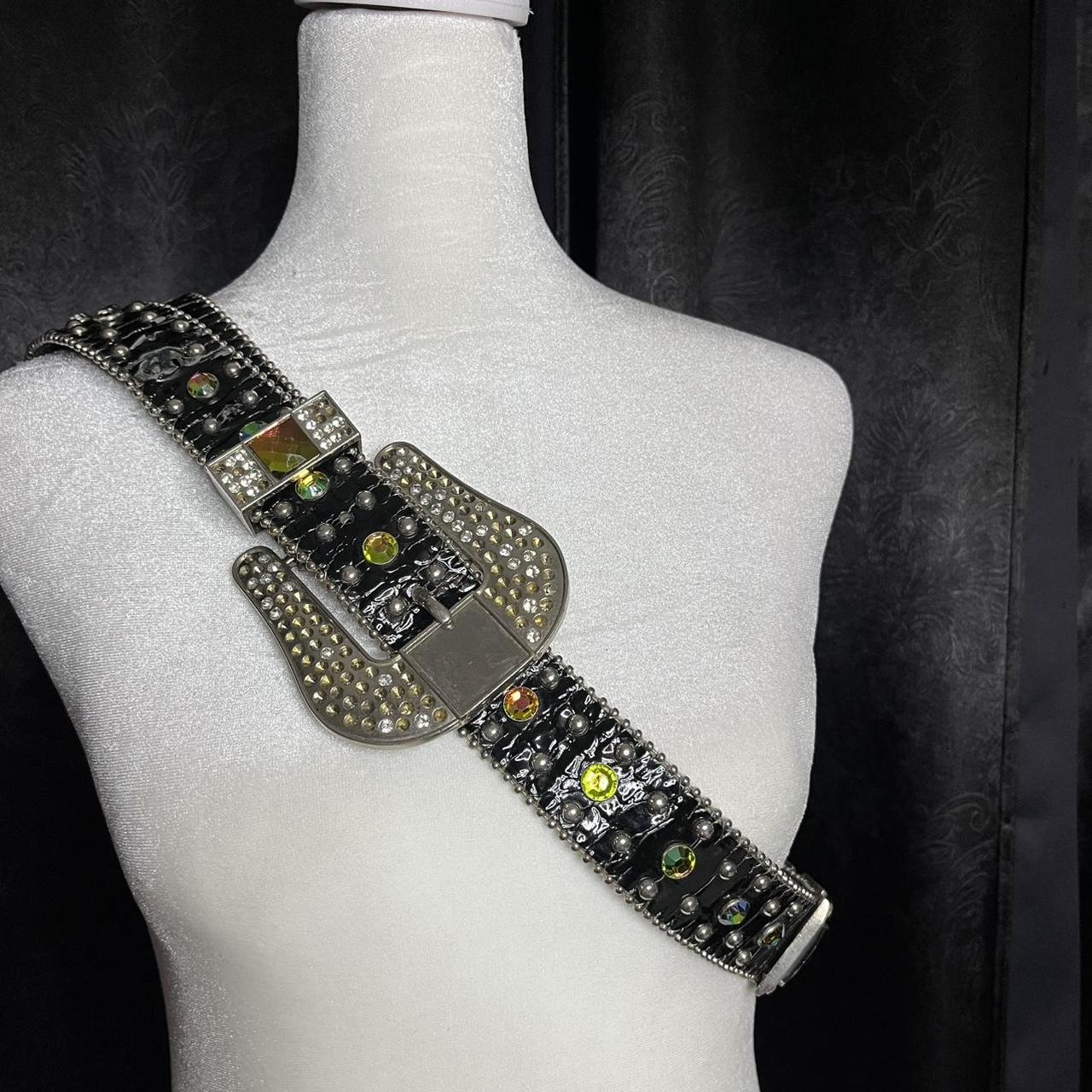 Black and silver studded belt with rhinestones and... | Depop
