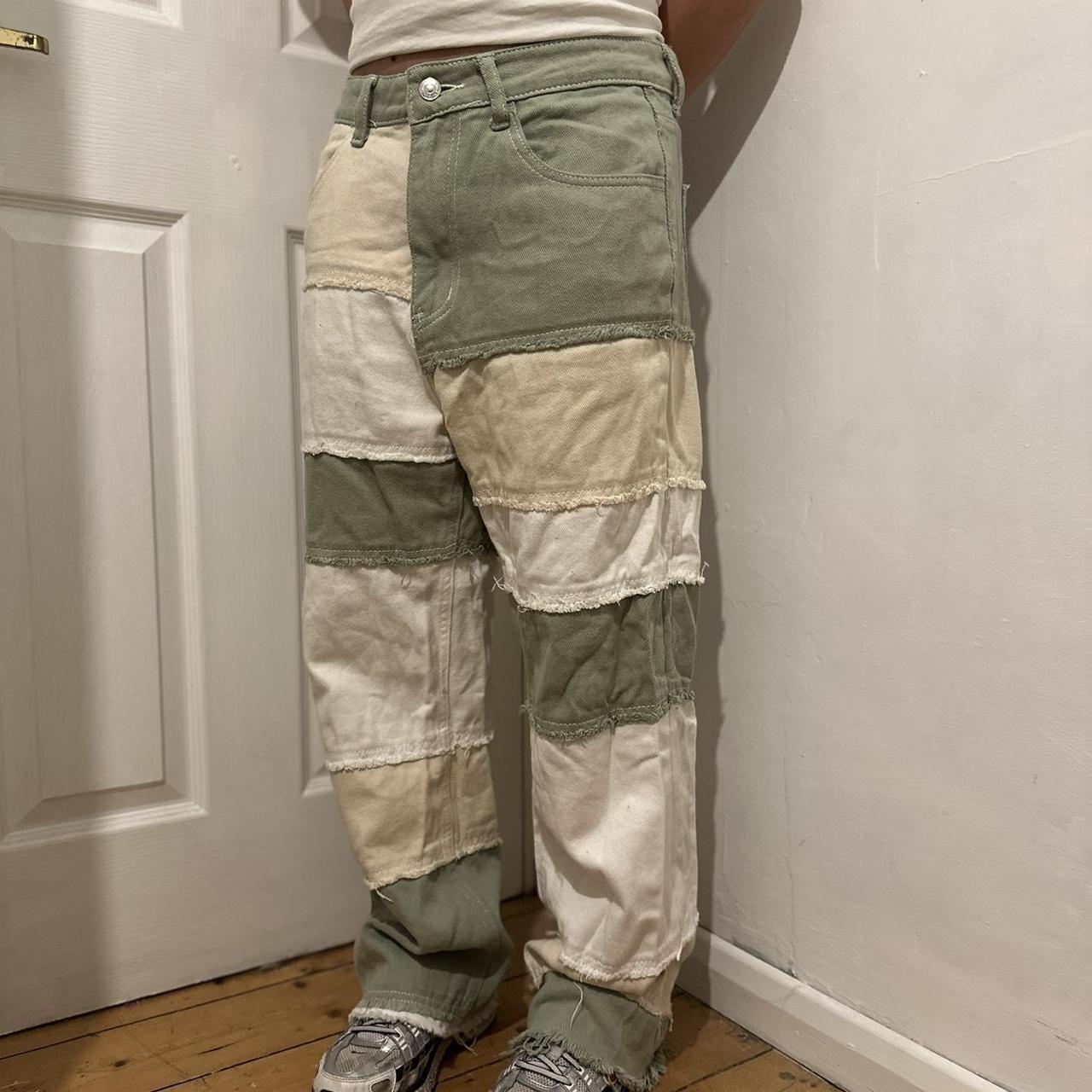 Patchwork Baggy Jeans Green & Cream Size M Shein... | Depop