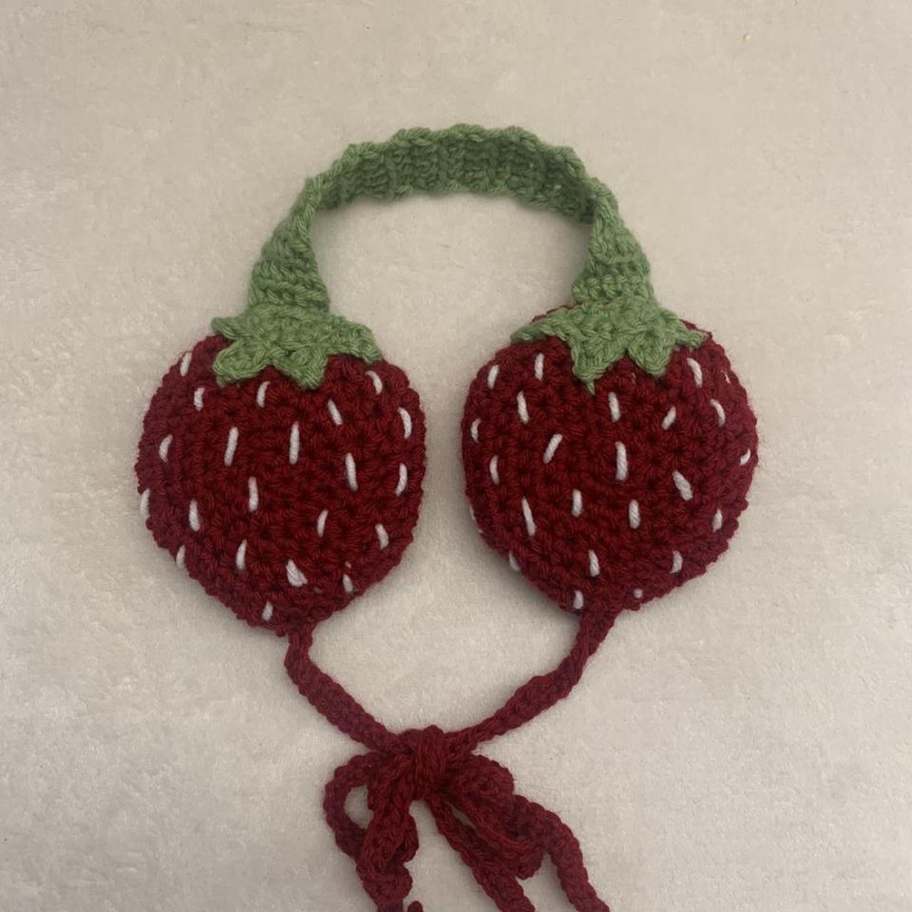 Handmade crochet strawberry ear warmers, w/... | Depop