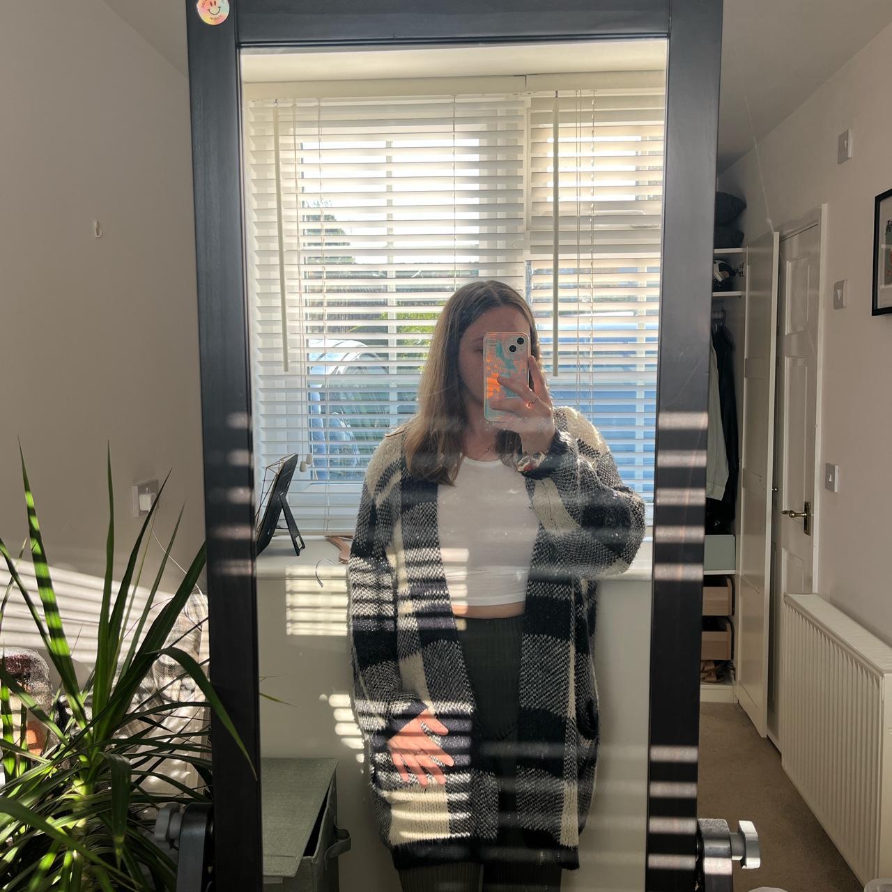 Blue and white checked cardigan Soft and cosy... - Depop