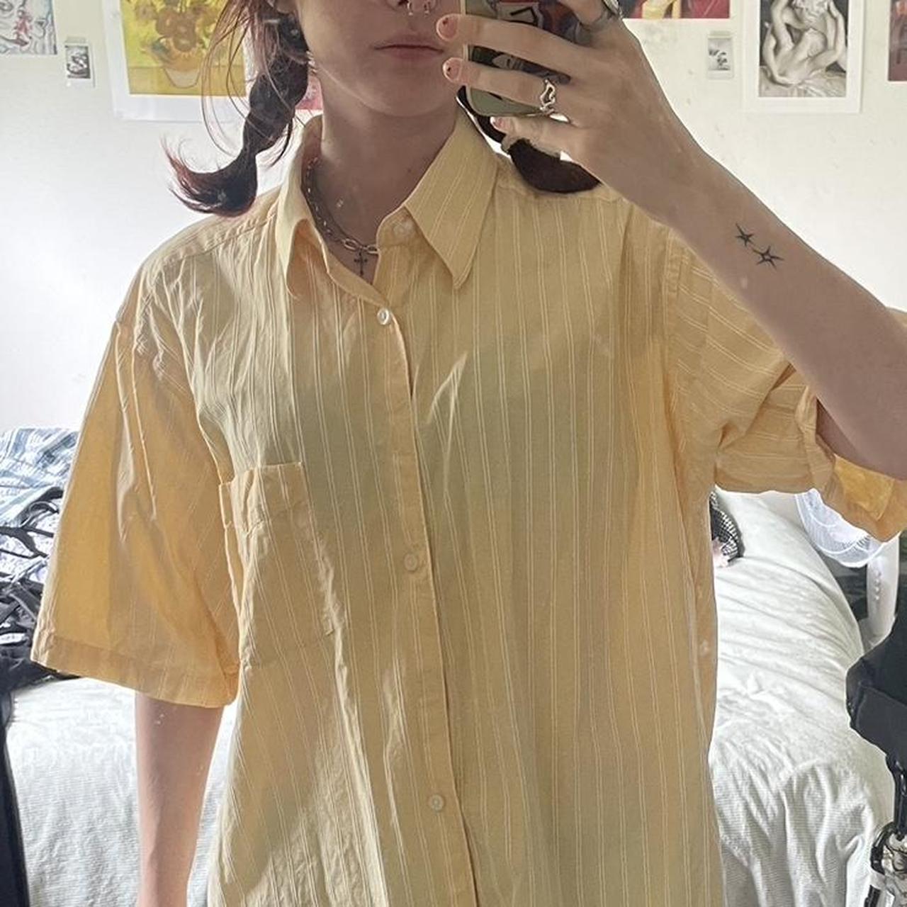 yellow button down shirt tag says mens XL, would... - Depop