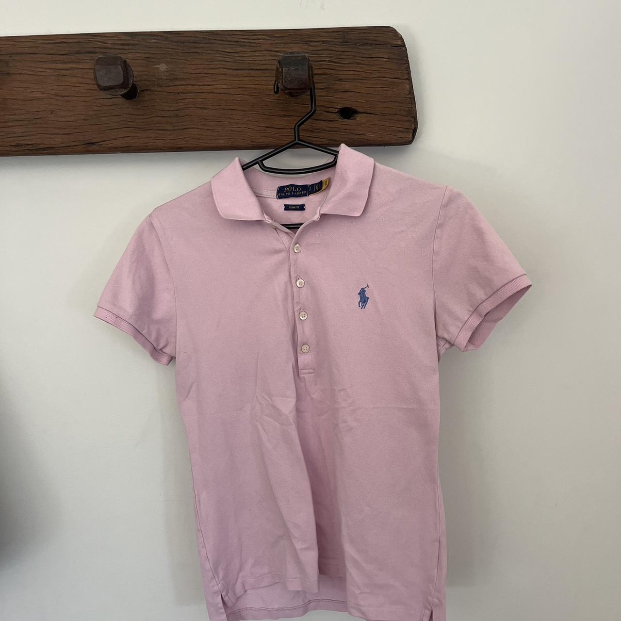 Ralph Lauren pink polo with blue logo - Depop