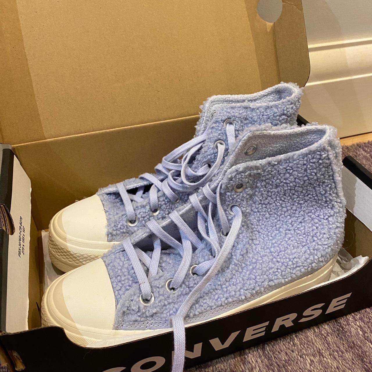 Converse fluffy/ teddy bear borg blue high top... - Depop