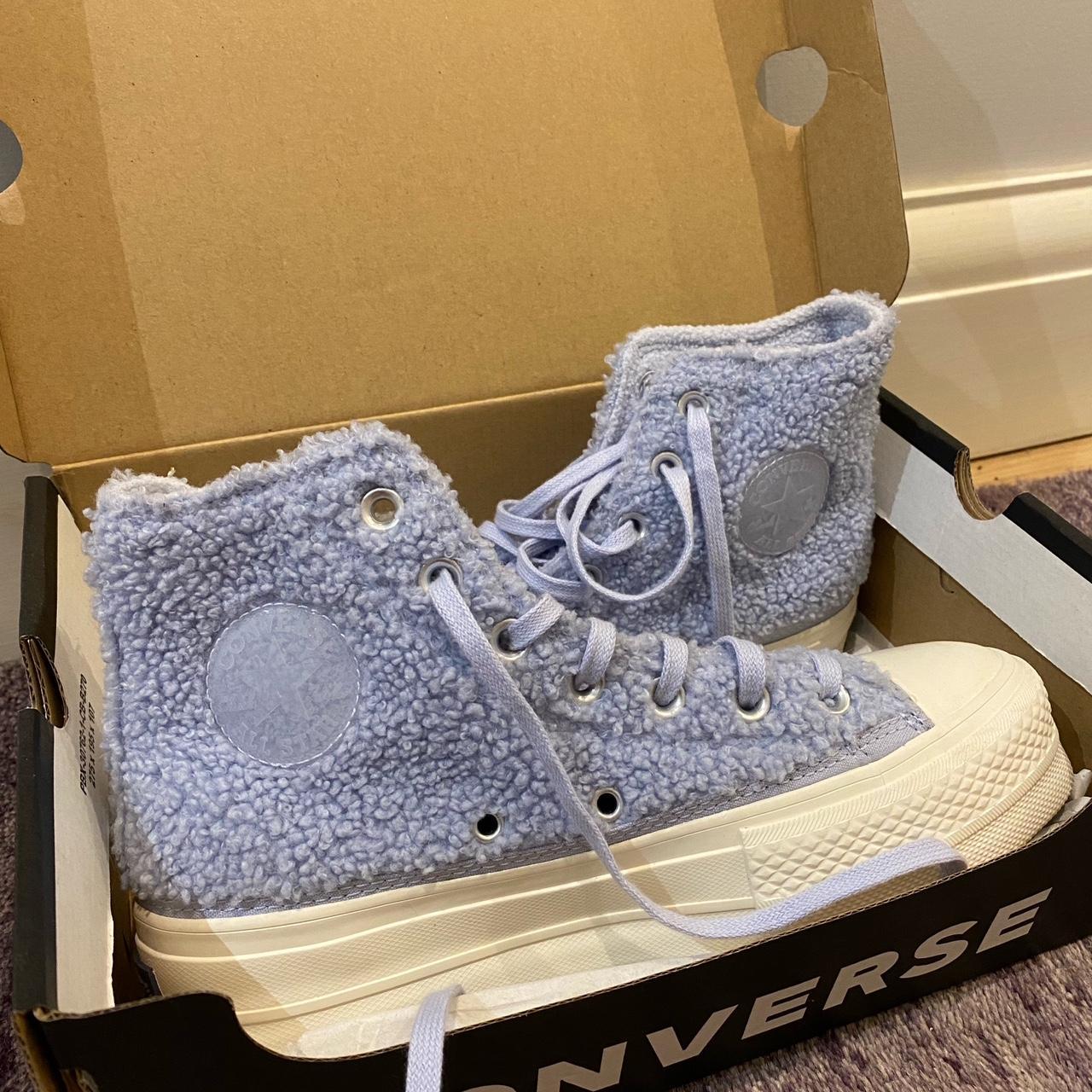 Converse fluffy/ teddy bear borg blue high top... - Depop
