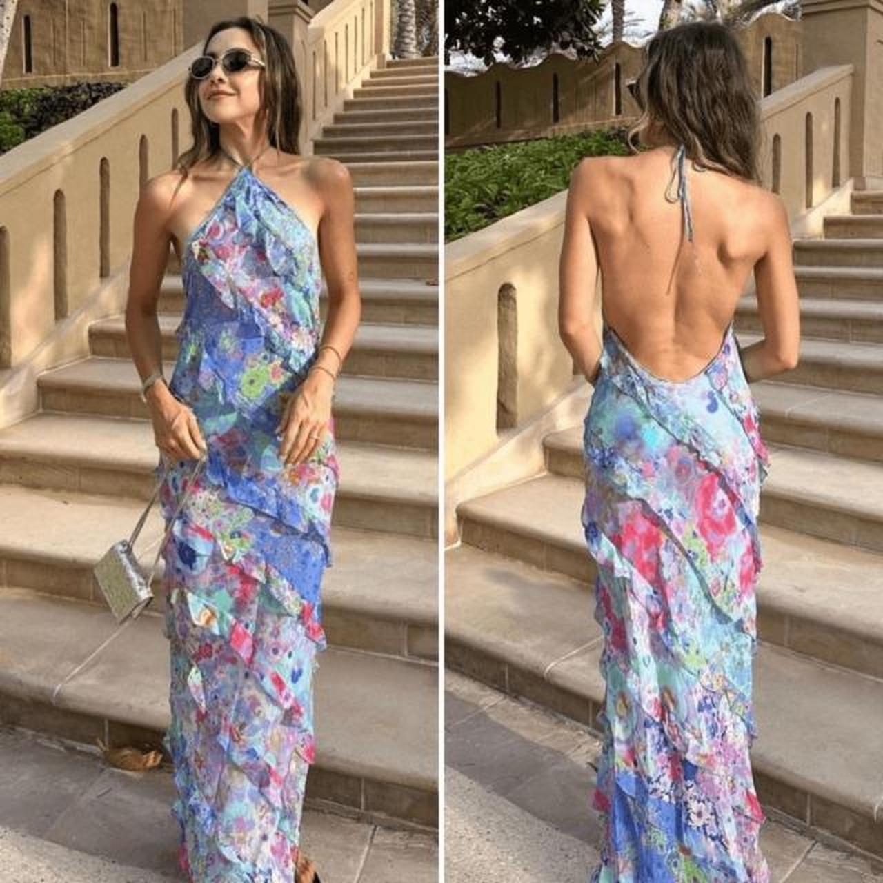 Zara Tiered Watercolor Halter Dress Gorgeous ruffle... - Depop