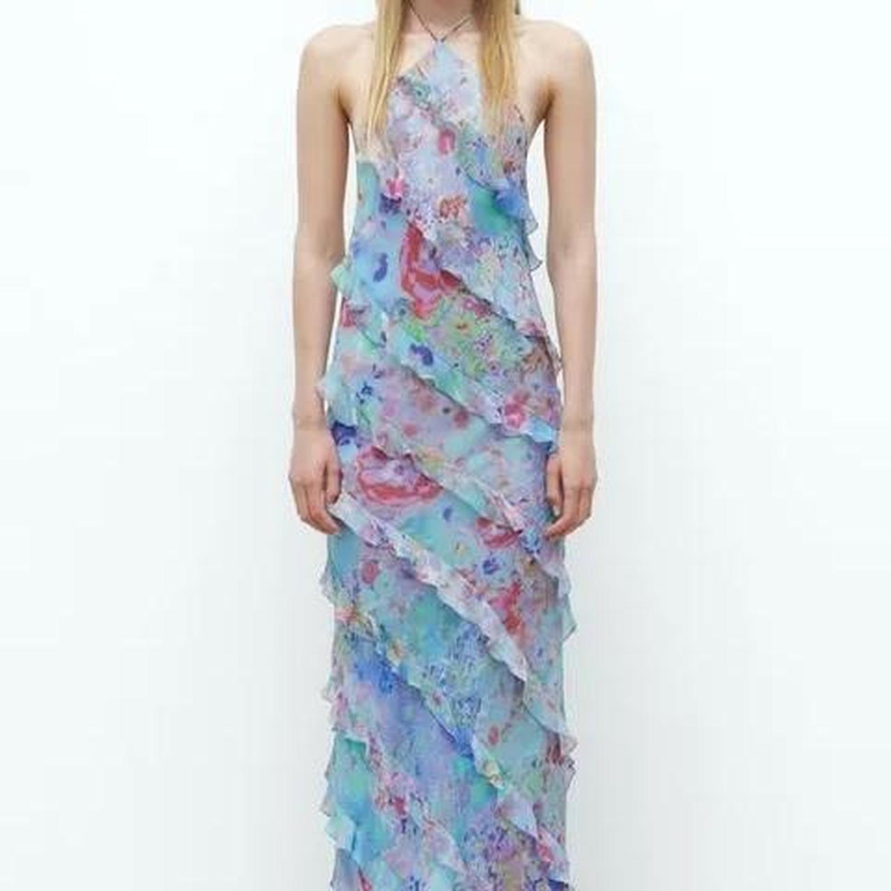 Zara Tiered Watercolor Halter Dress Gorgeous ruffle... - Depop