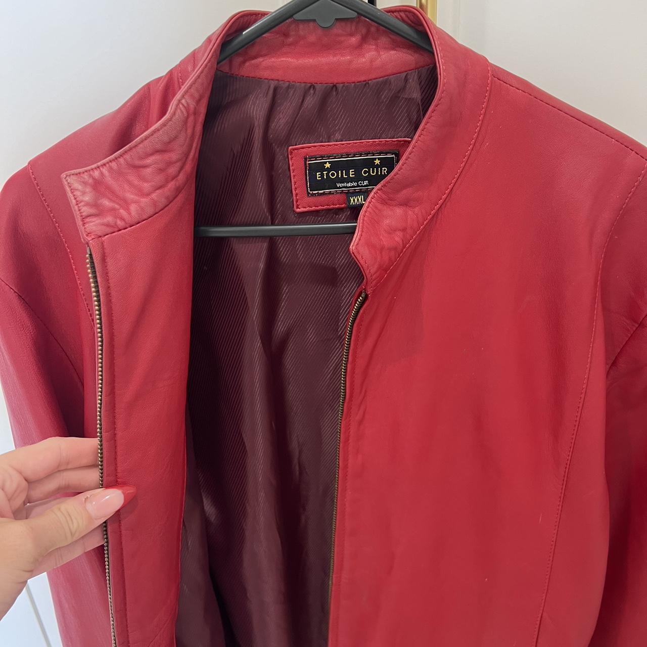 Red leather jacket Labelled a XXL but would fit an... - Depop