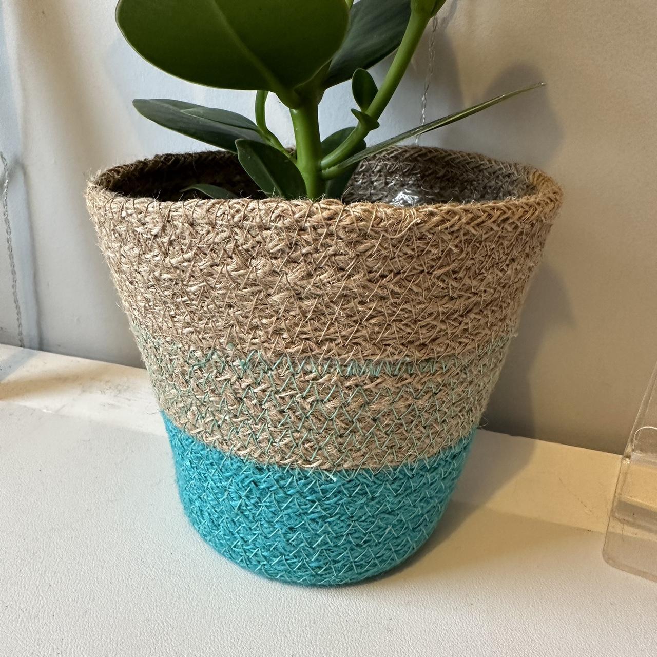 Small blue and brown straw plant pot Great... - Depop