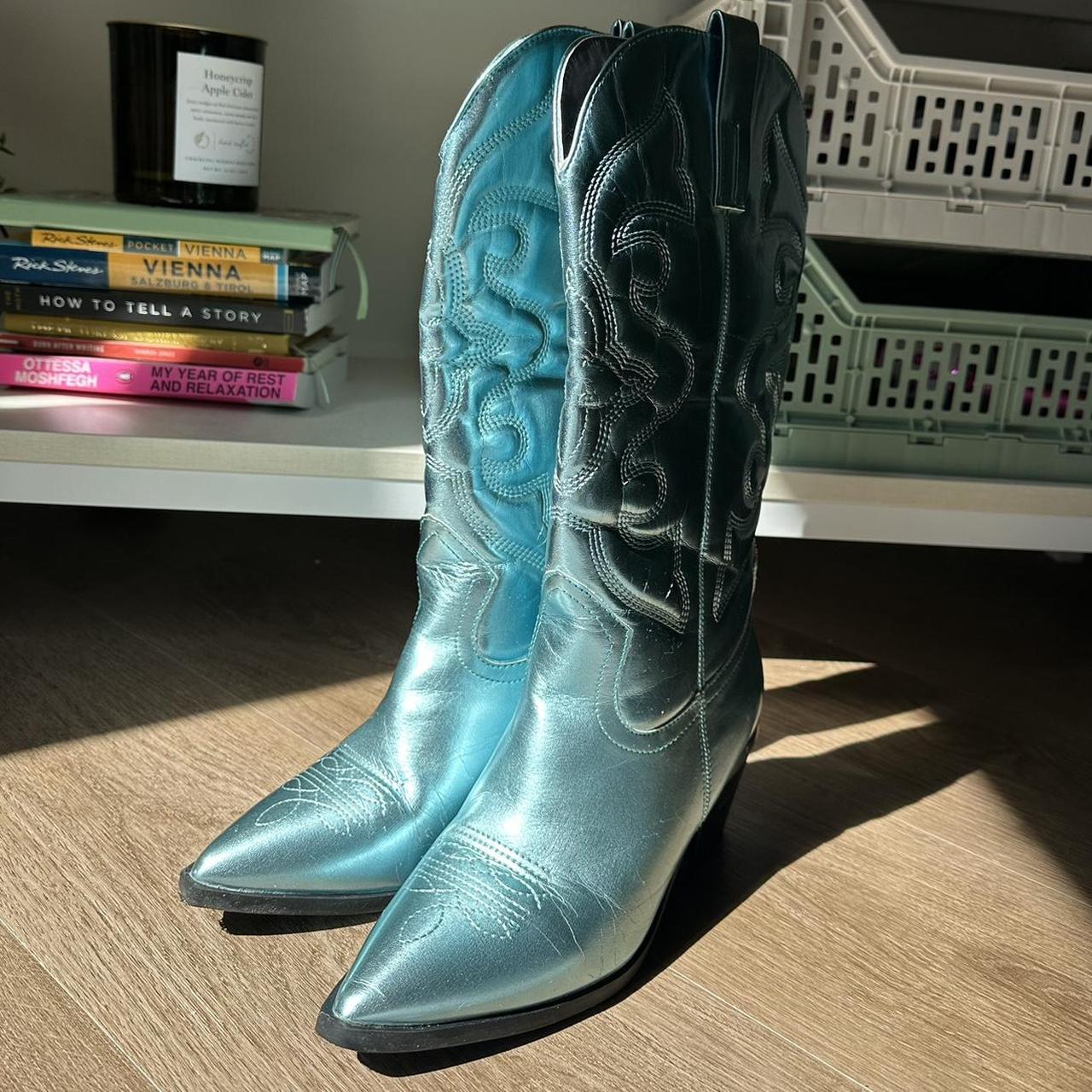 Light Blue Metallic Cowboy Boots with a Small Heel... - Depop
