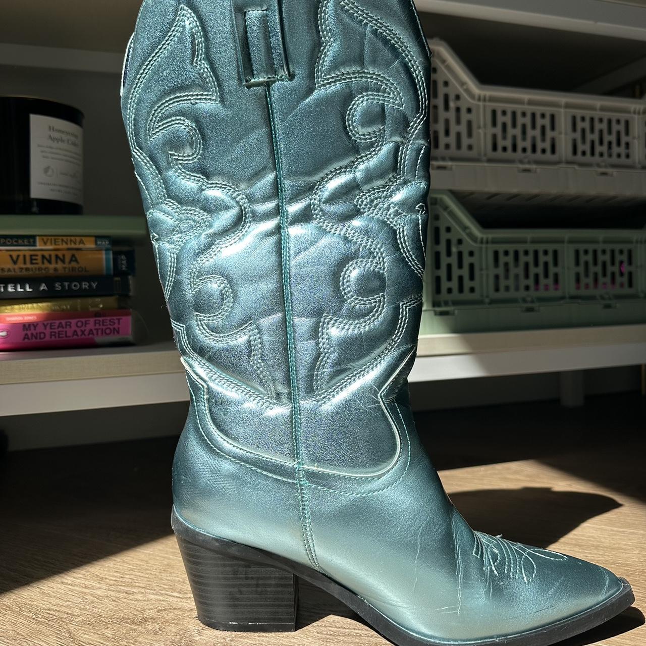 Light Blue Metallic Cowboy Boots with a Small Heel... - Depop