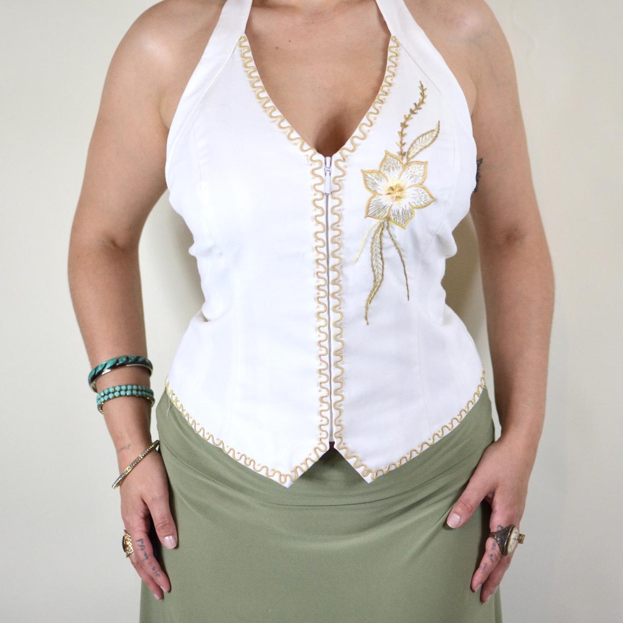 90s / 2000s Beaded Vintage Cache White Halter Top... - Depop