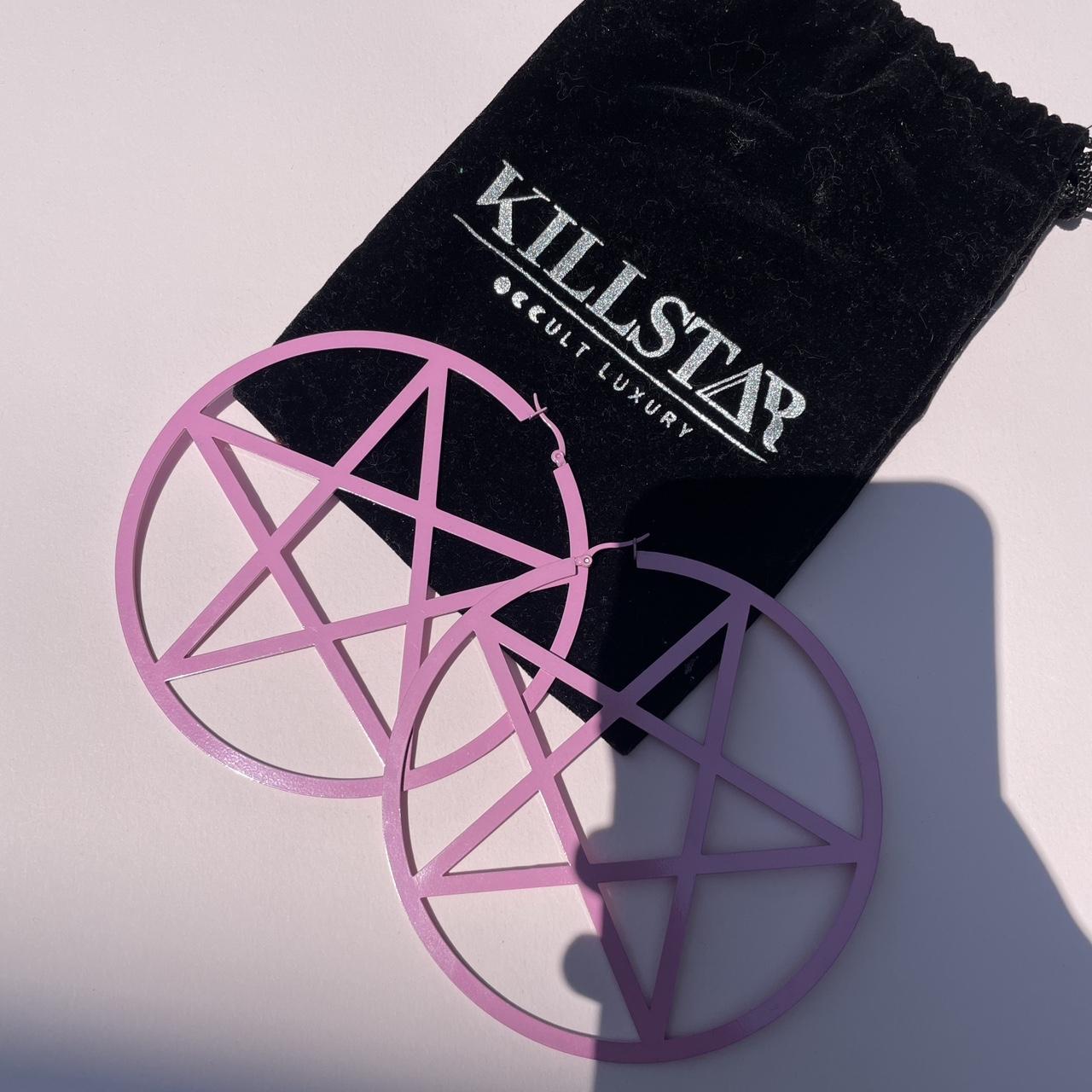 Killstar bright pink pentagram hoop earrings • 3.93... - Depop