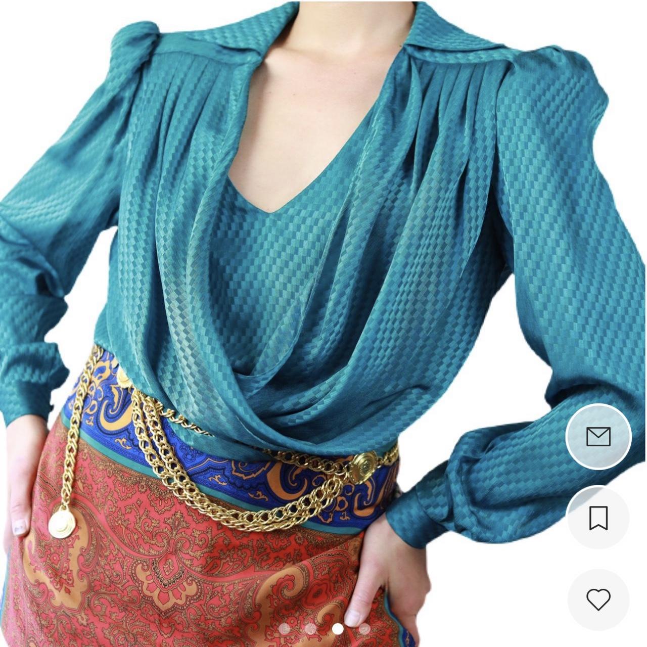 Vintage 70s shiny aqua blue blouse. Beautiful draped... - Depop