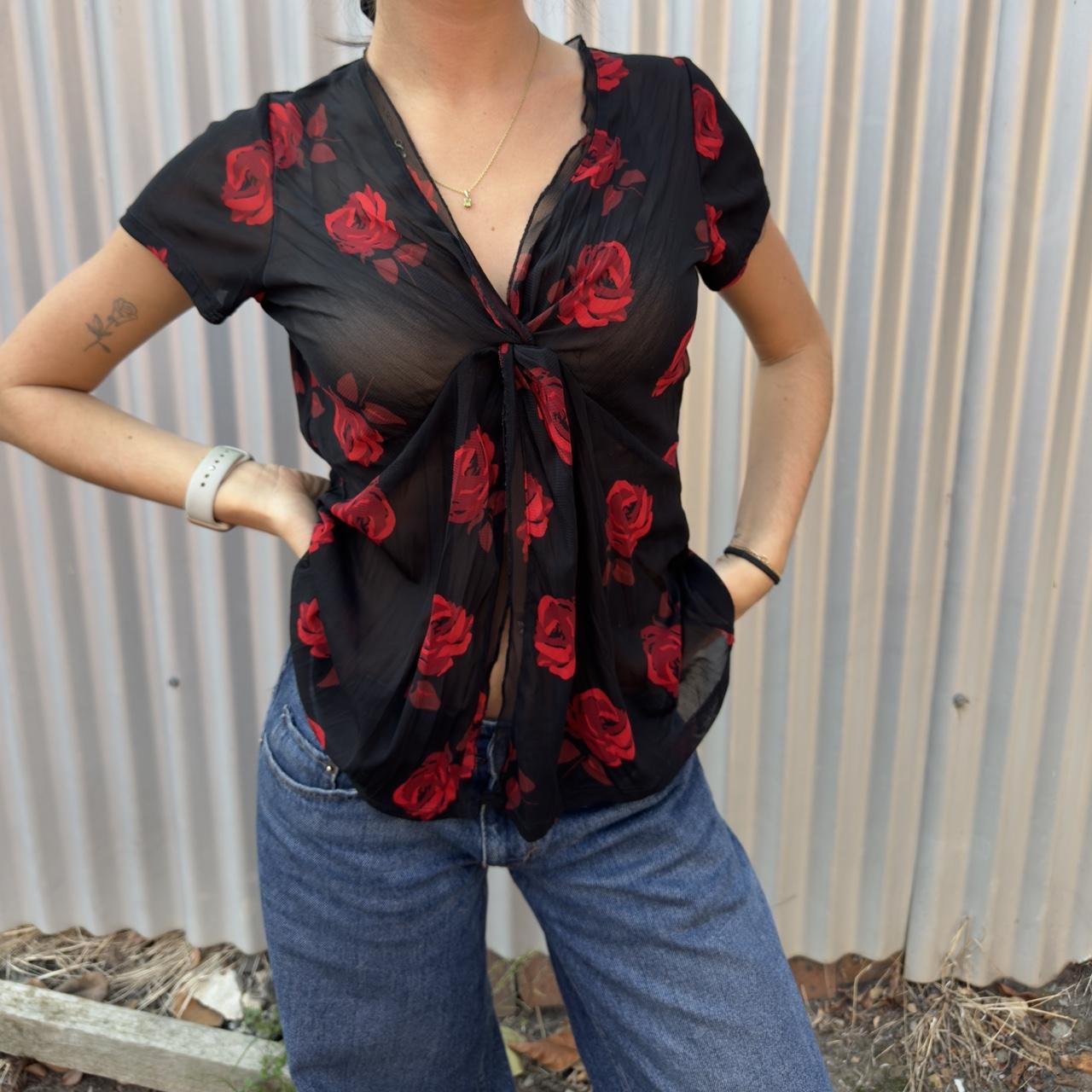Sheer black and red rose mesh top with tie front No... | Depop