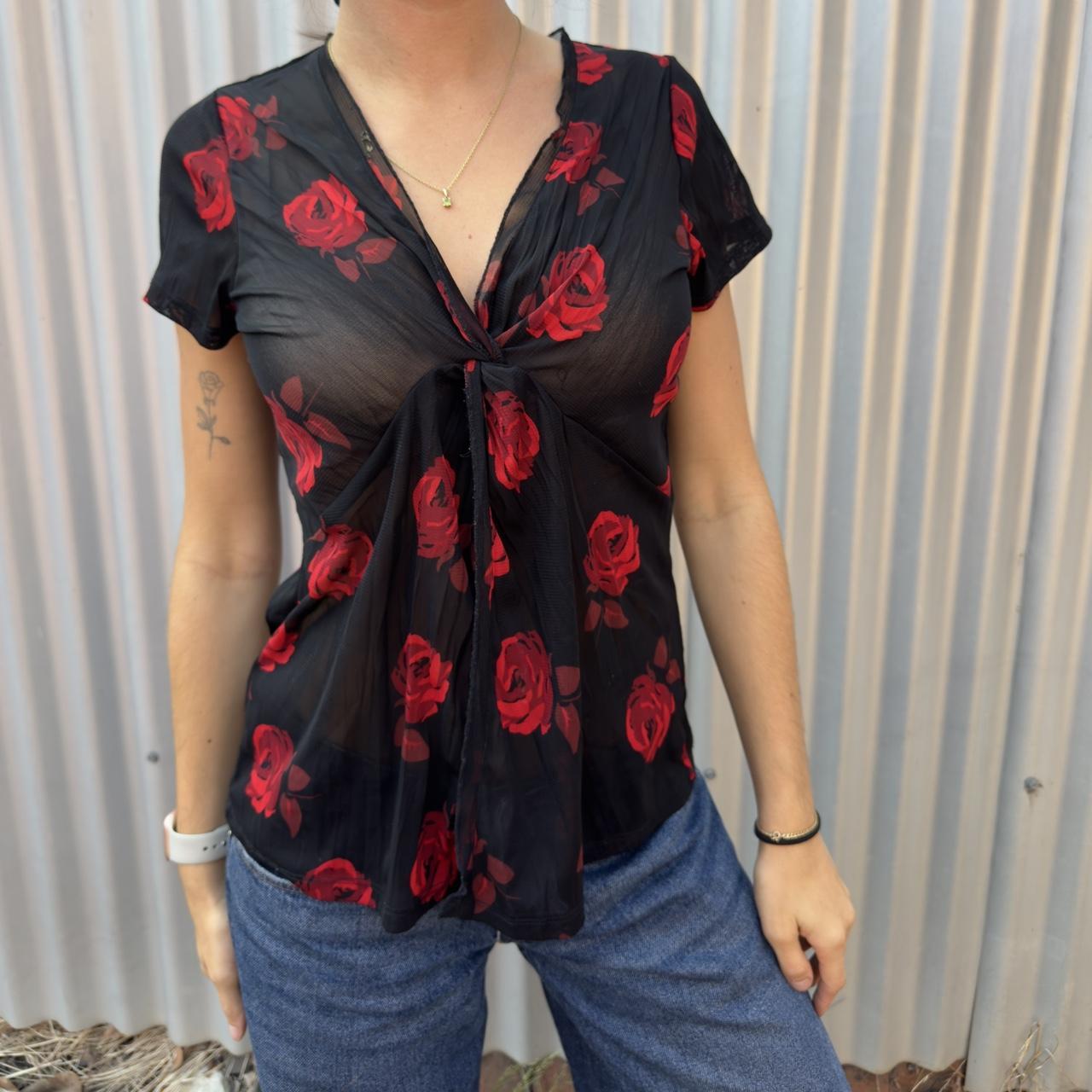 Sheer black and red rose mesh top with tie front No... | Depop