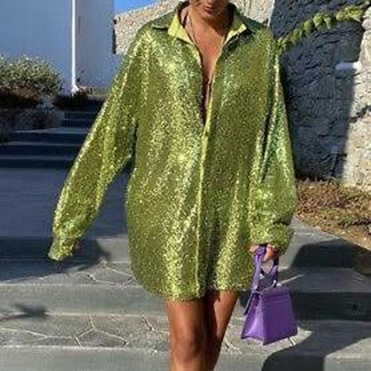 SLA the label green sequin shirt dress, worn once... - Depop