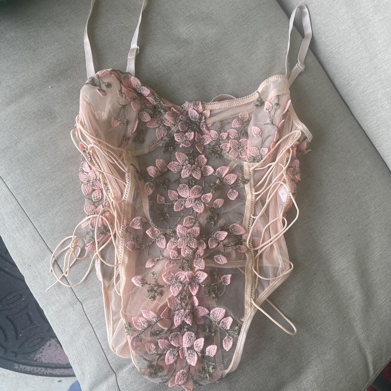 Lace up pink flower bodysuit $1 shipping #fairycore - Depop