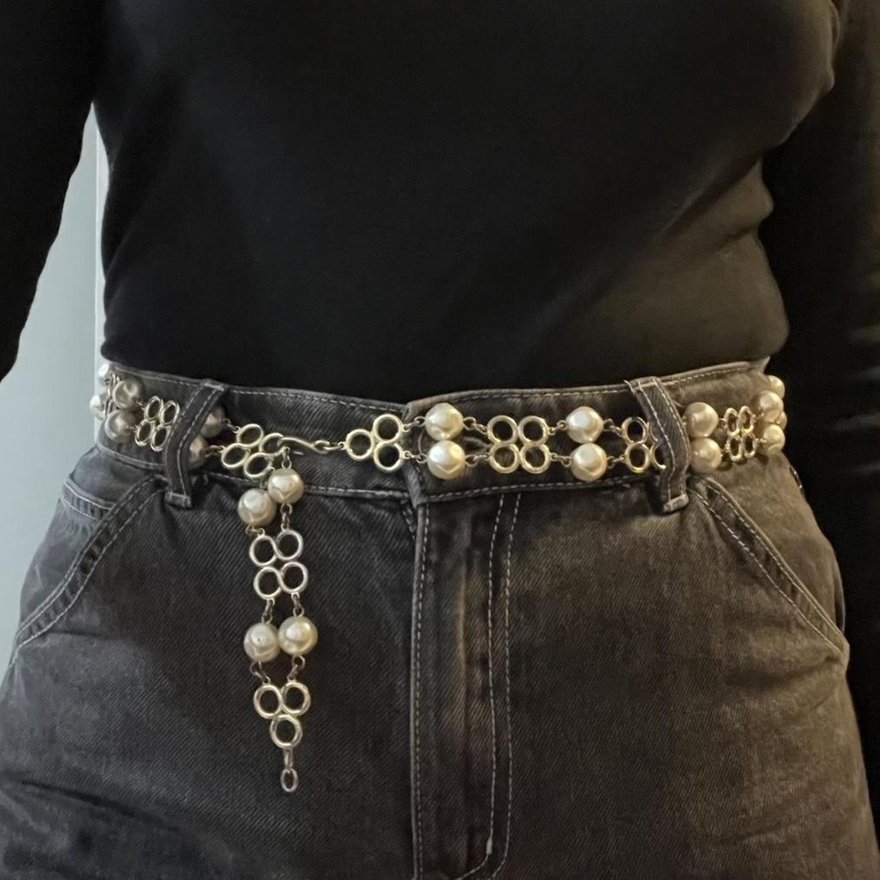 silver + gold pearl chain belt shown on sizs M,... - Depop