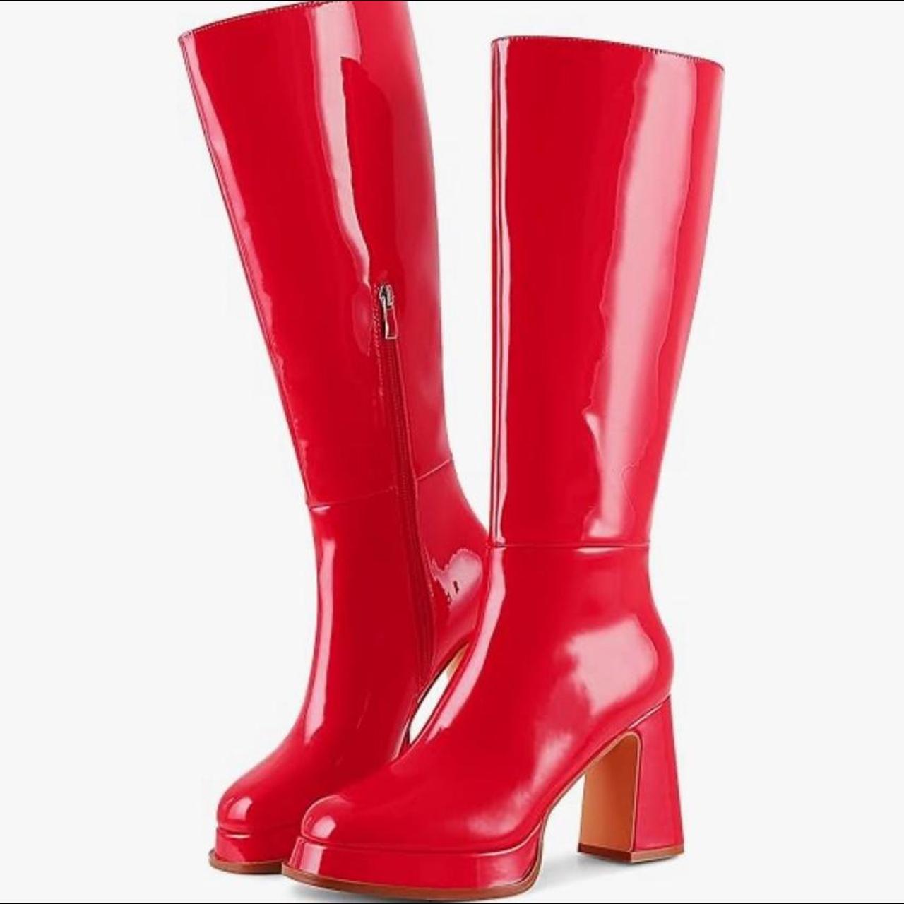 RED Platform Chunky Boots #boots #heels #red #leather - Depop