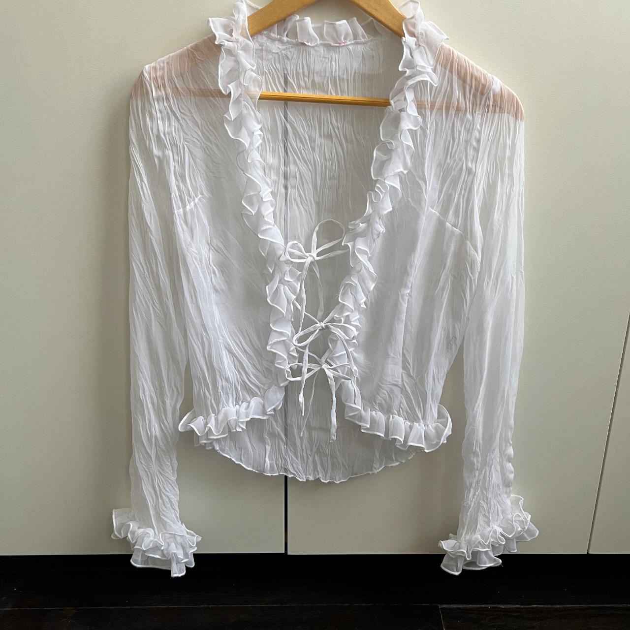 White sheer ruffle trim Shakespeare blouse with tie... - Depop