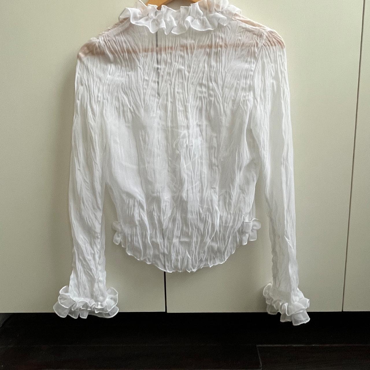 White sheer ruffle trim Shakespeare blouse with tie... - Depop