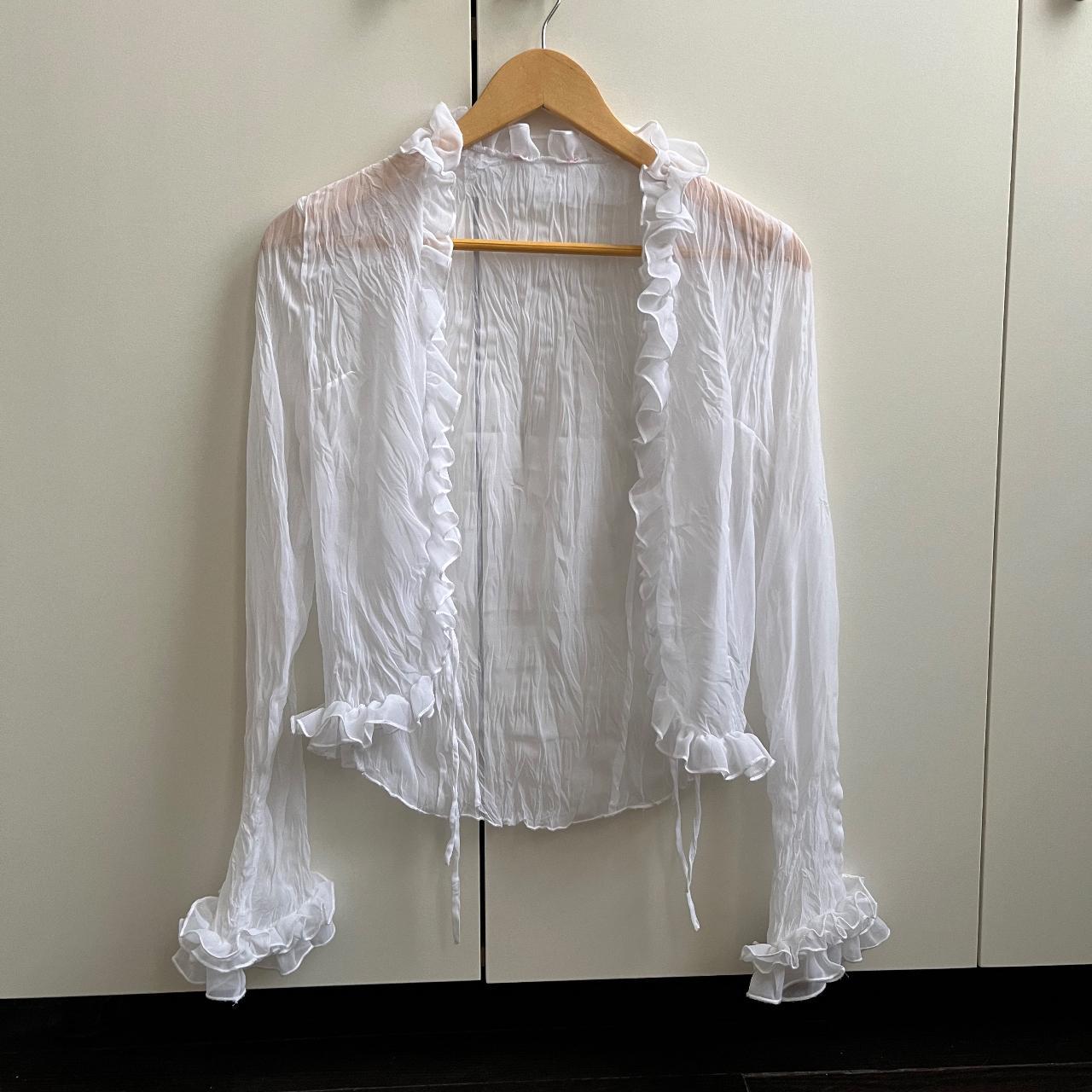 White sheer ruffle trim Shakespeare blouse with tie... - Depop
