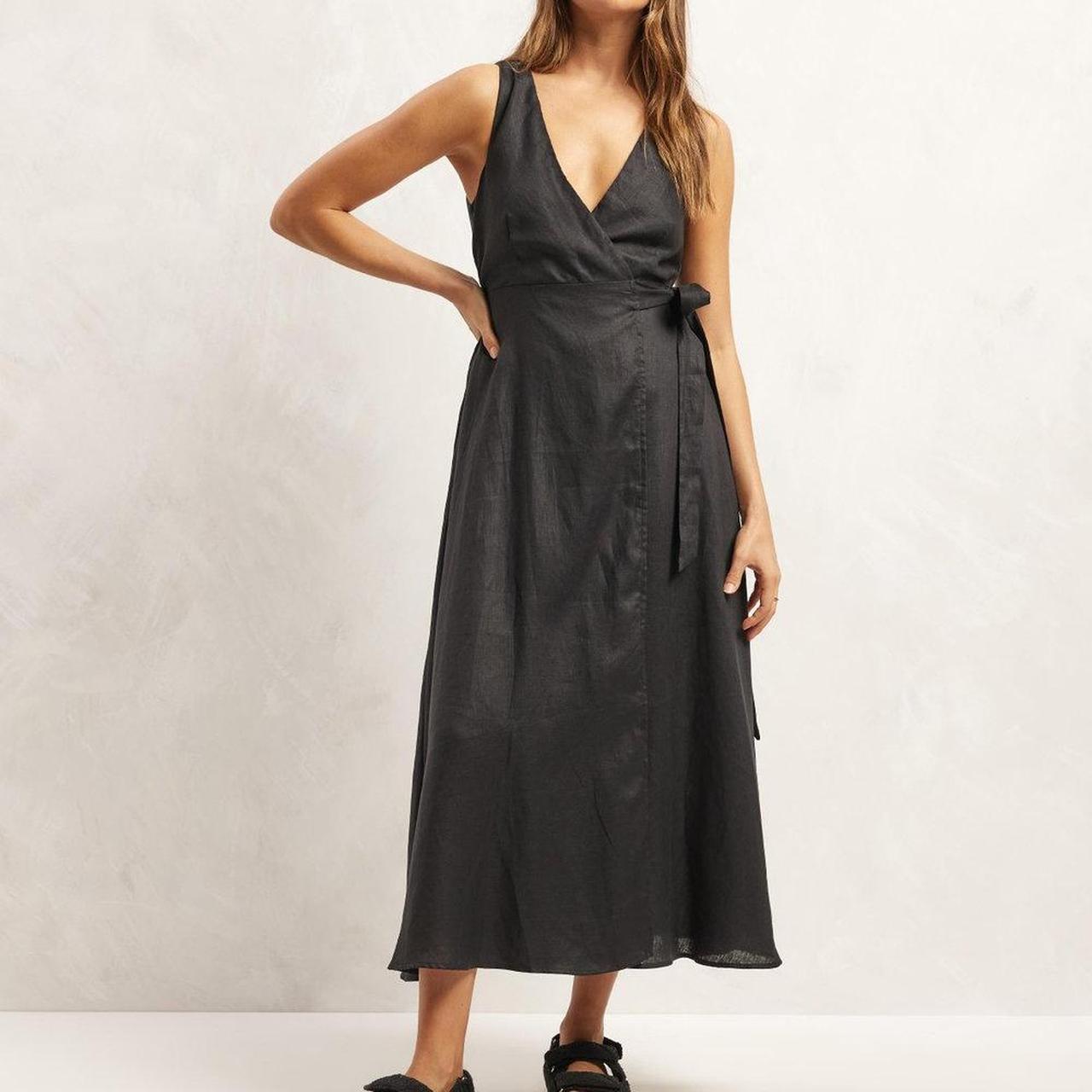 AERE | BLACK LINEN MIDI WRAP DRESS WITH TIE WAIST |... - Depop