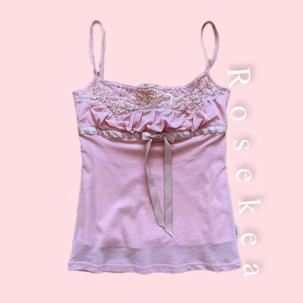 Y2k pink mesh camisole Vintage Morgan de toi lace... - Depop