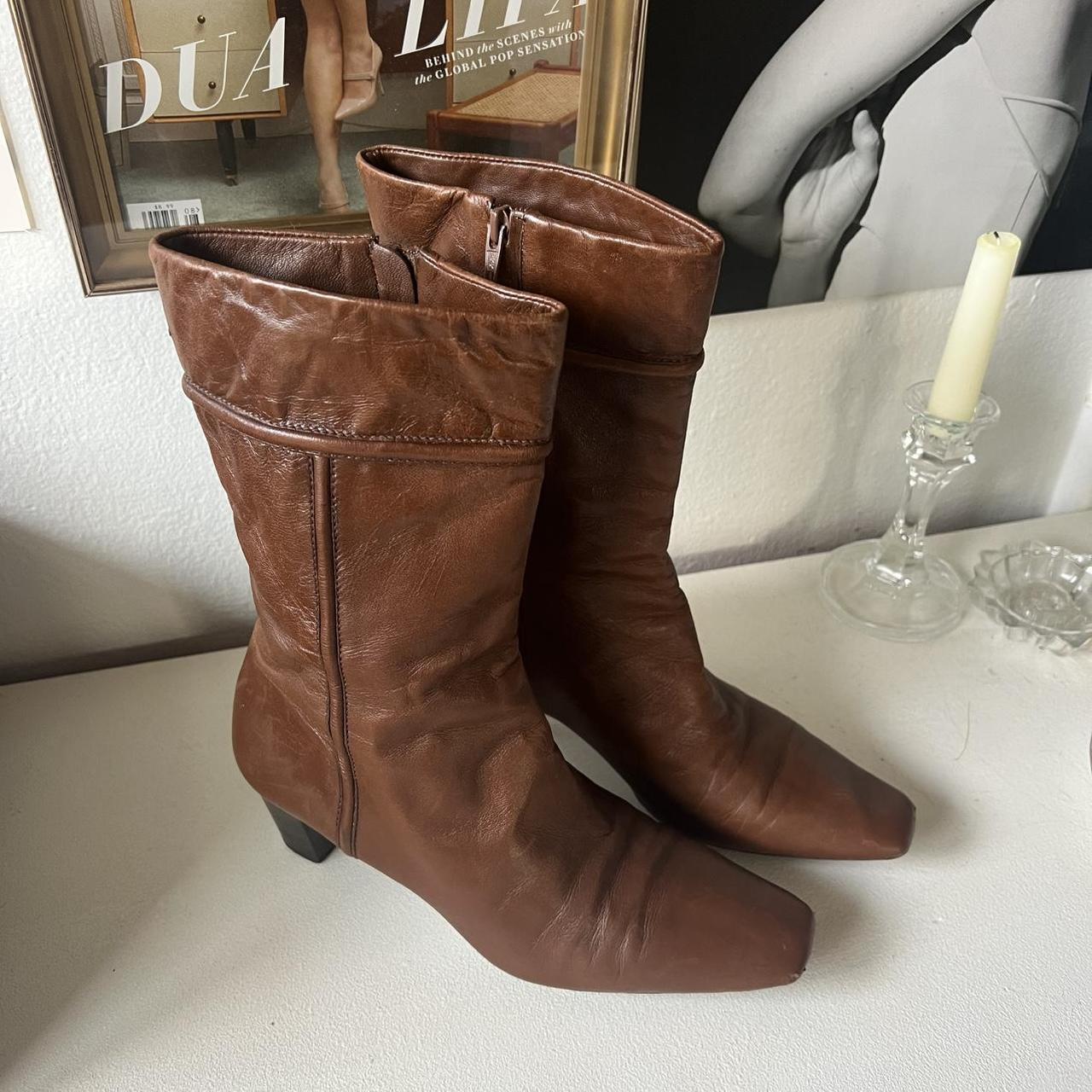 brown leather square toe boots with a small... - Depop