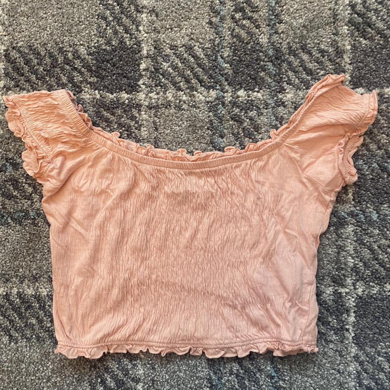 NEW LOOK Ruched Bardot Crop Top in Coral Pink Size 8 - Depop