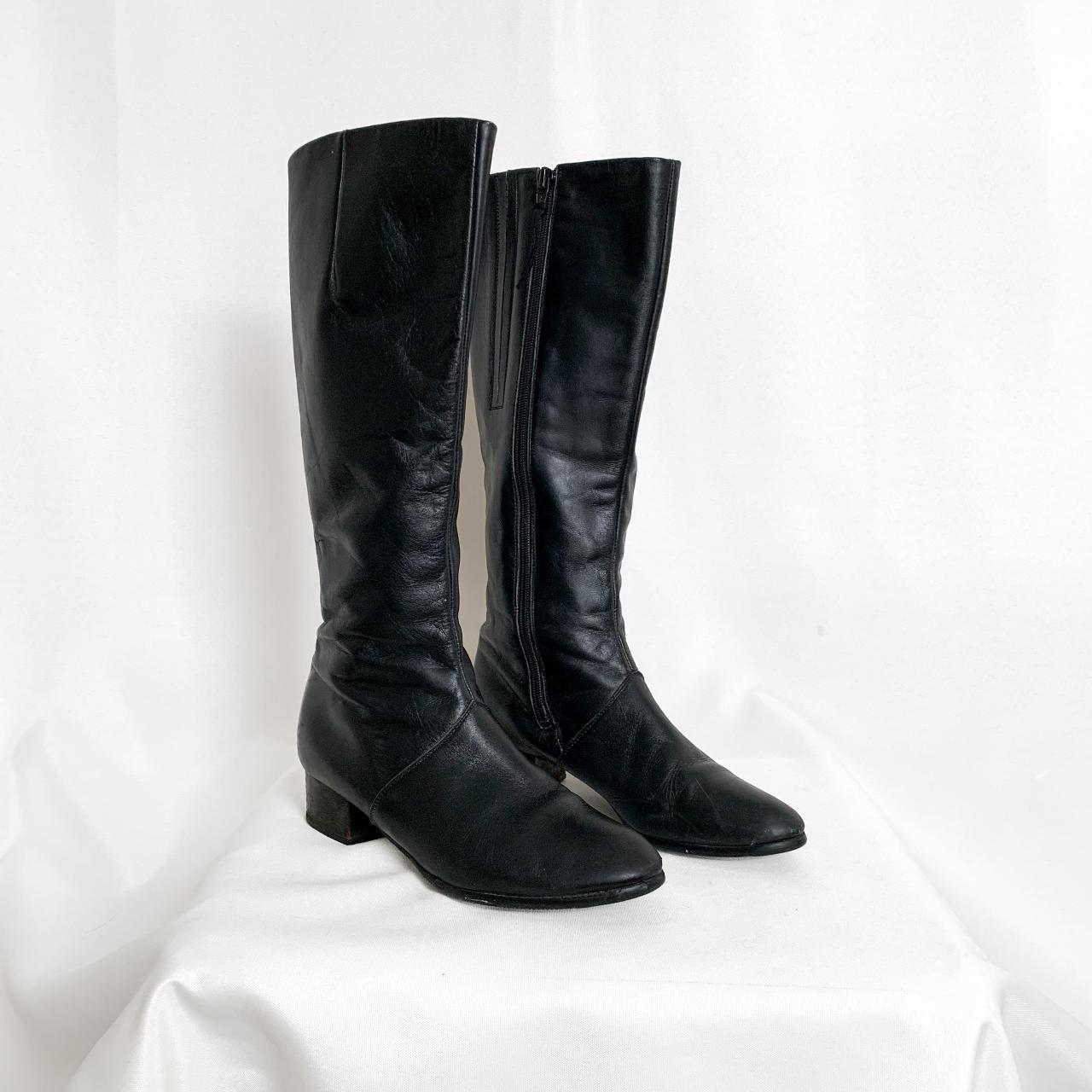 Vintage Black Leather Knee High Boots Sleek &... - Depop