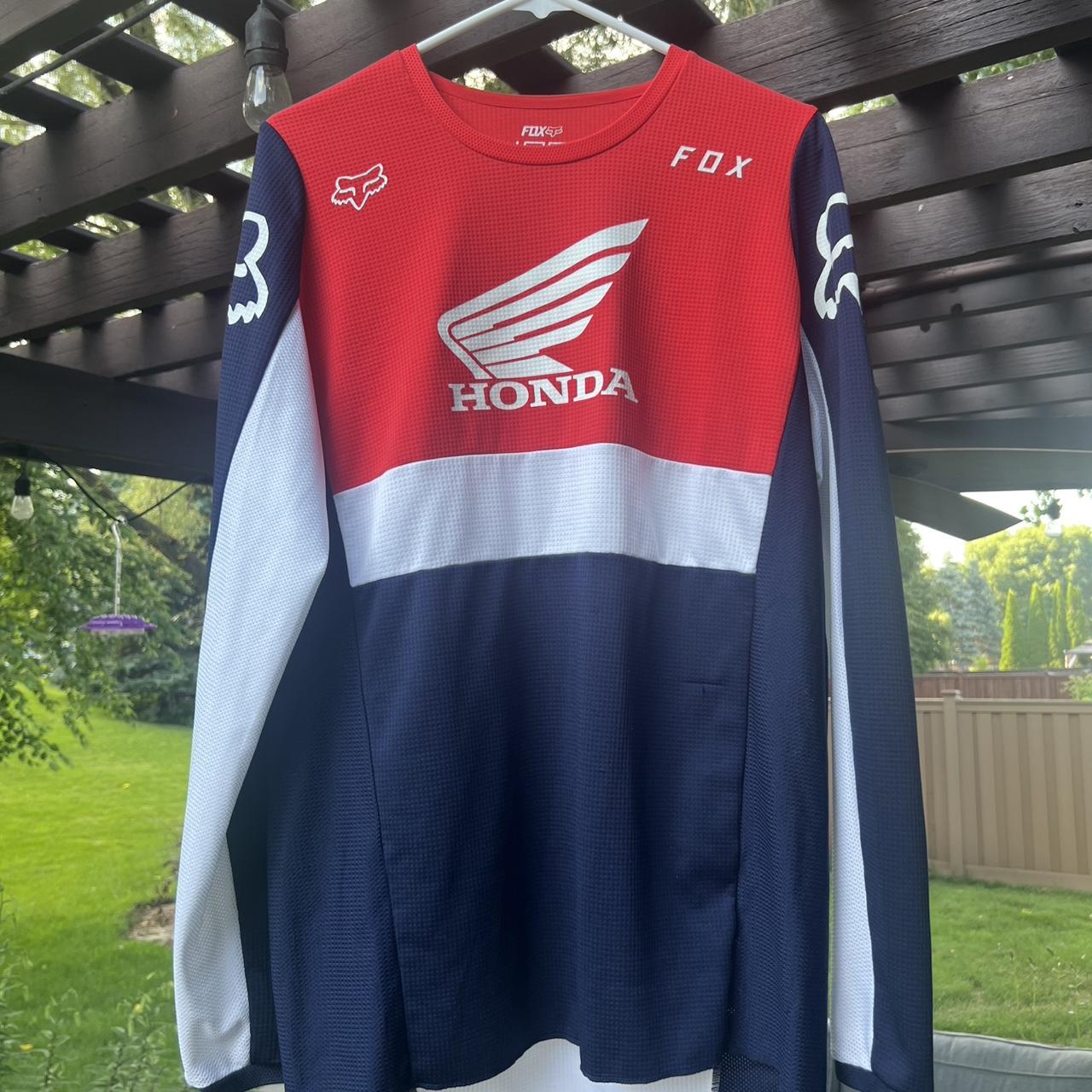Fox Racing red, white, and navy blue motocross... | Depop