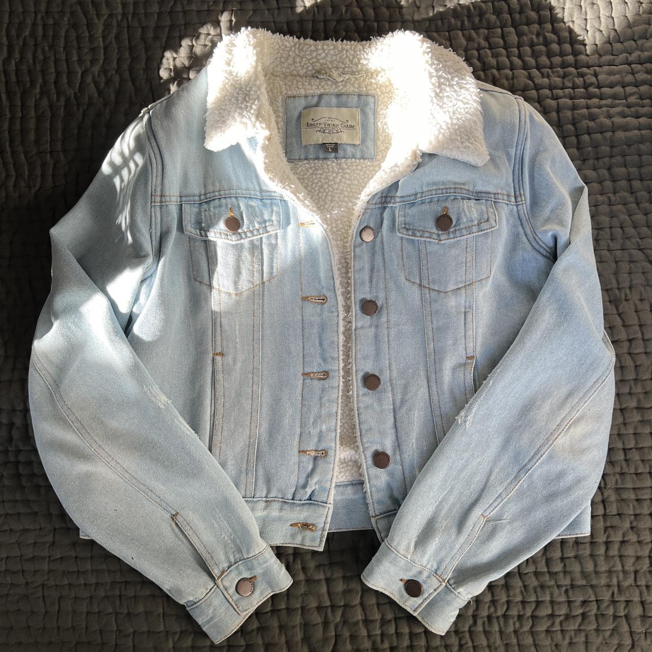 Light denim jean jacket with sherpa collar, minimal... - Depop