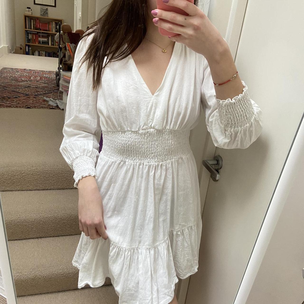 Zara linen cotton white mini dress with long sleeves... | Depop