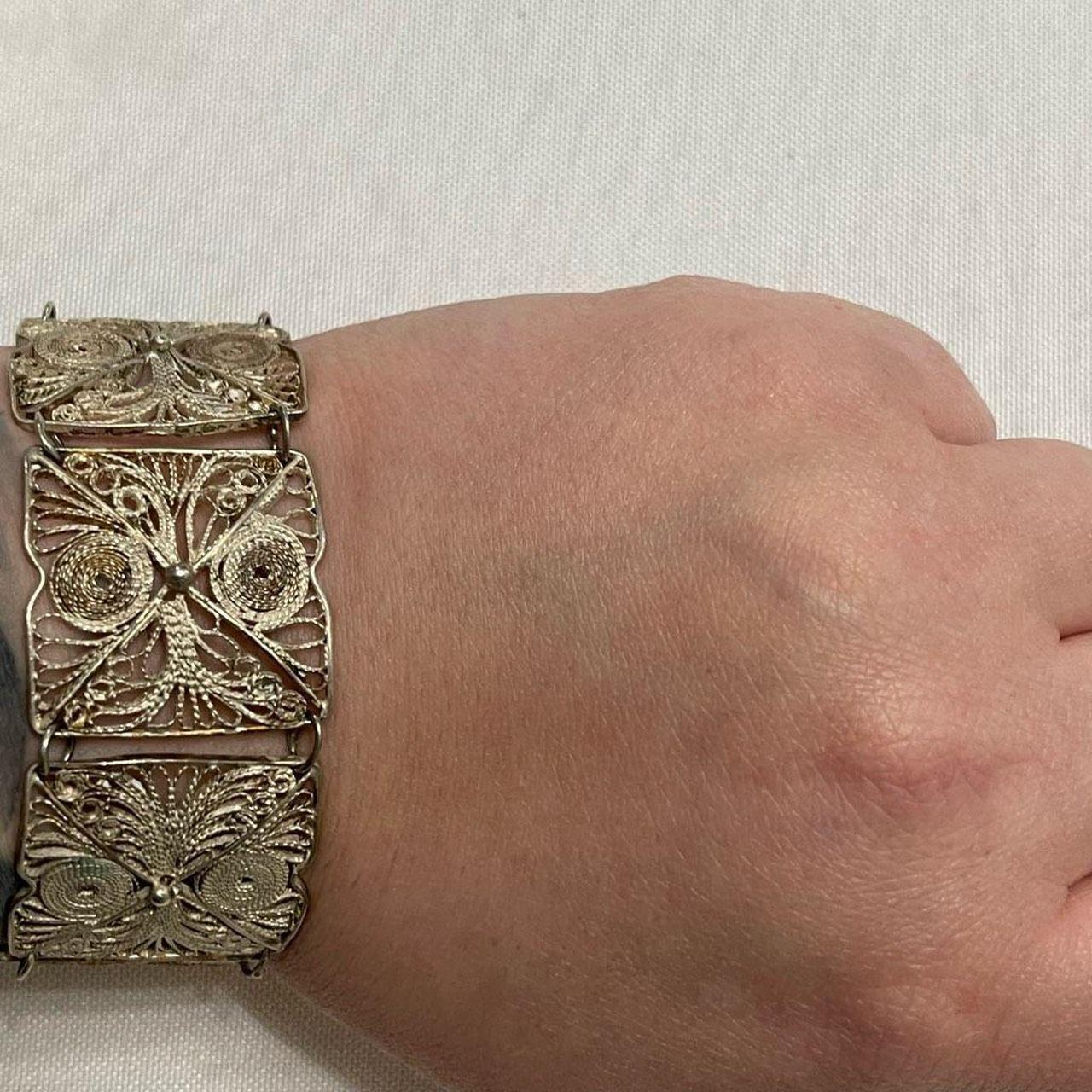 Sterling Silver Filigree Chain Link 6 Panel VTG... - Depop