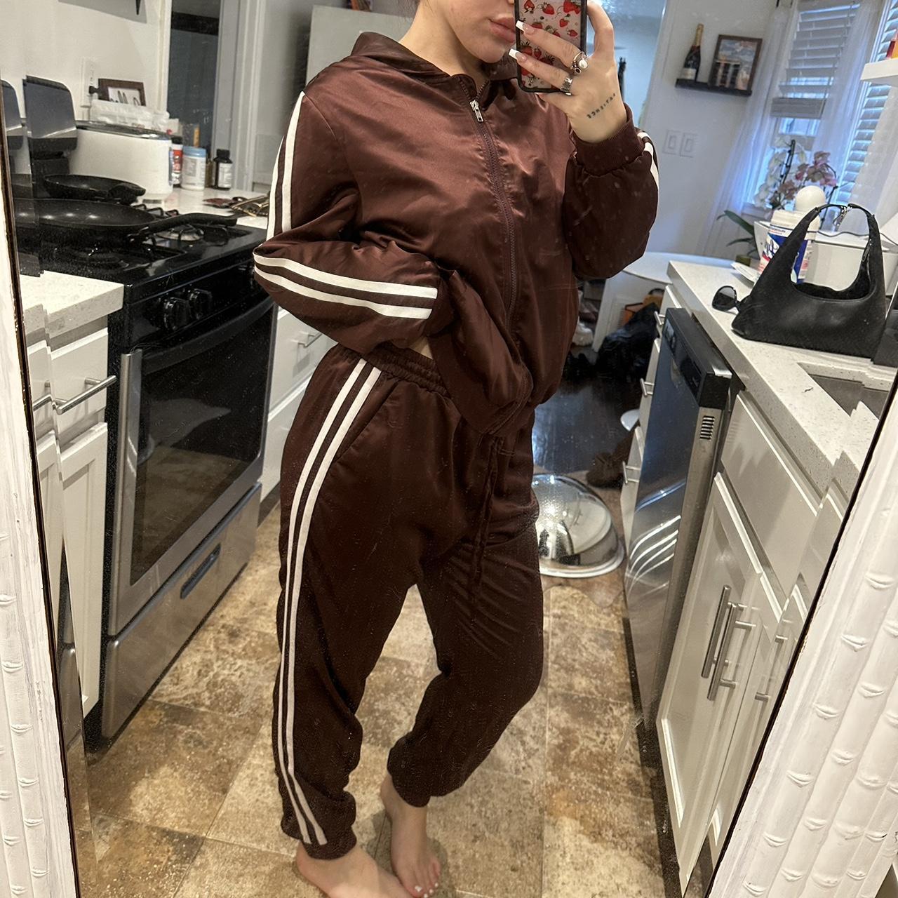 Chocolate satin tracksuit - worn once 🤍 - Depop
