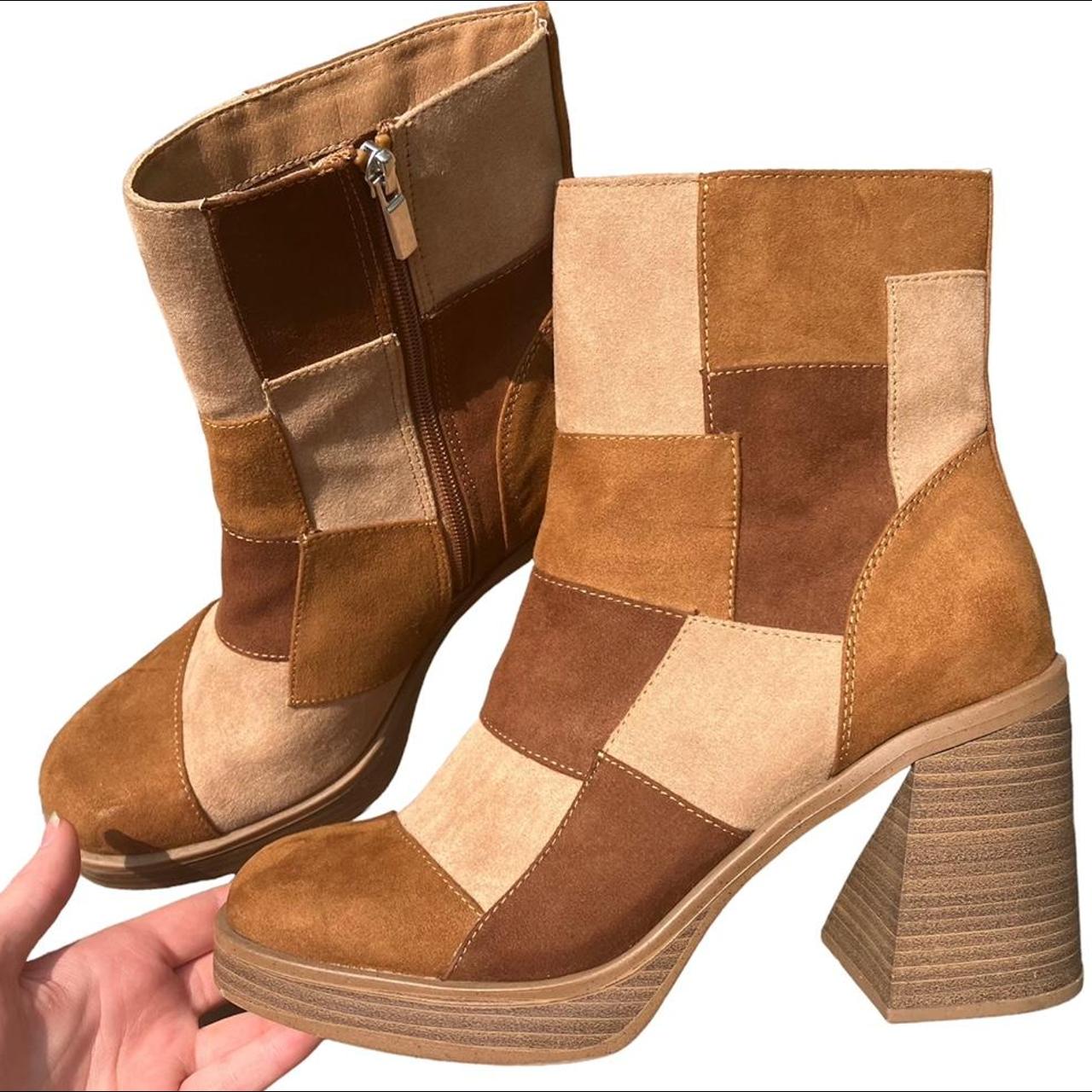 universal thread brown patchwork boots size US... - Depop