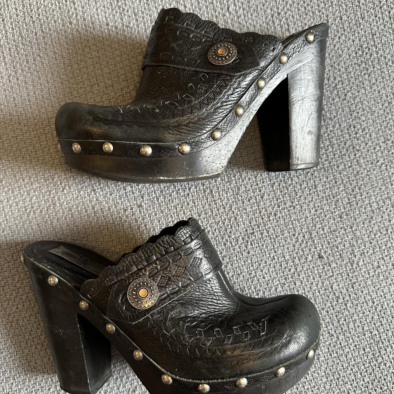 clog heels with tooled leather and silver studs - Depop