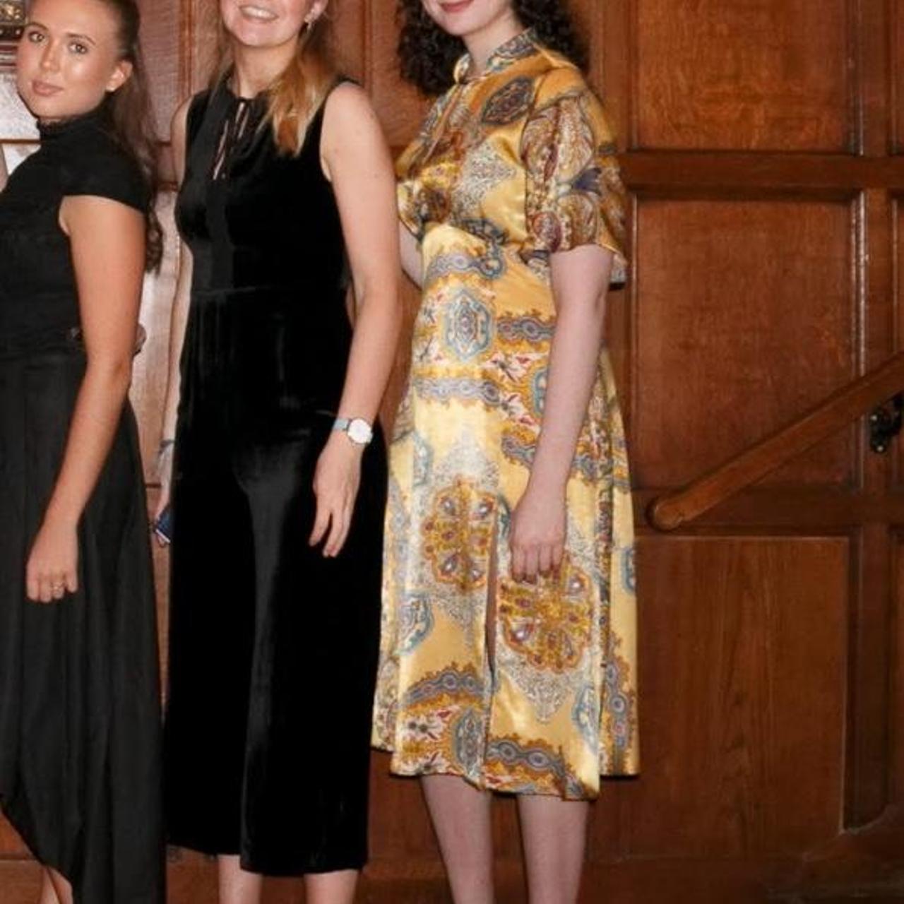 Beautiful satin yellow / gold midi dress with empire... - Depop